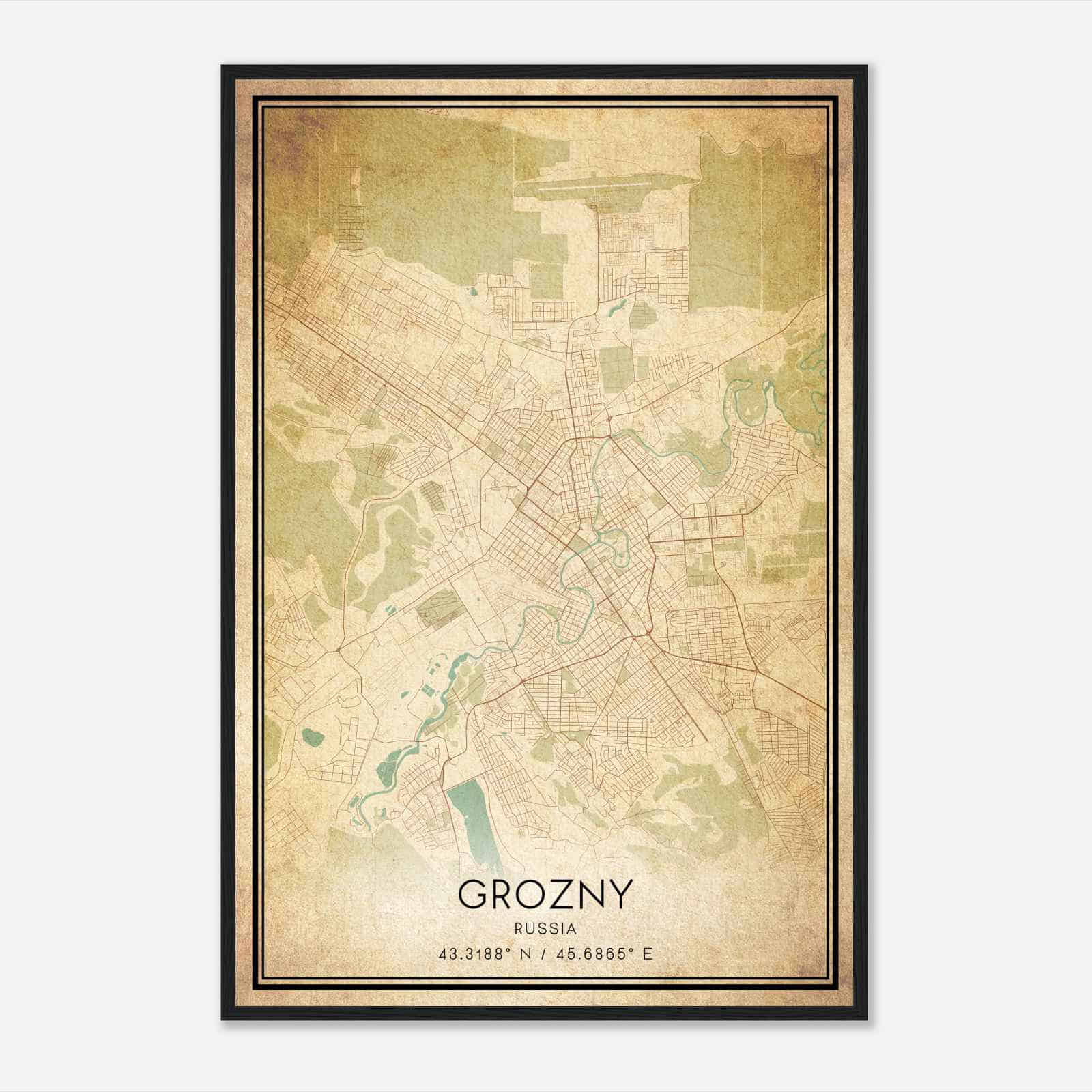 Vintage Grozny Russia Map Poster, Grozny City Road Wall Art Print - Custom Maps & Posters