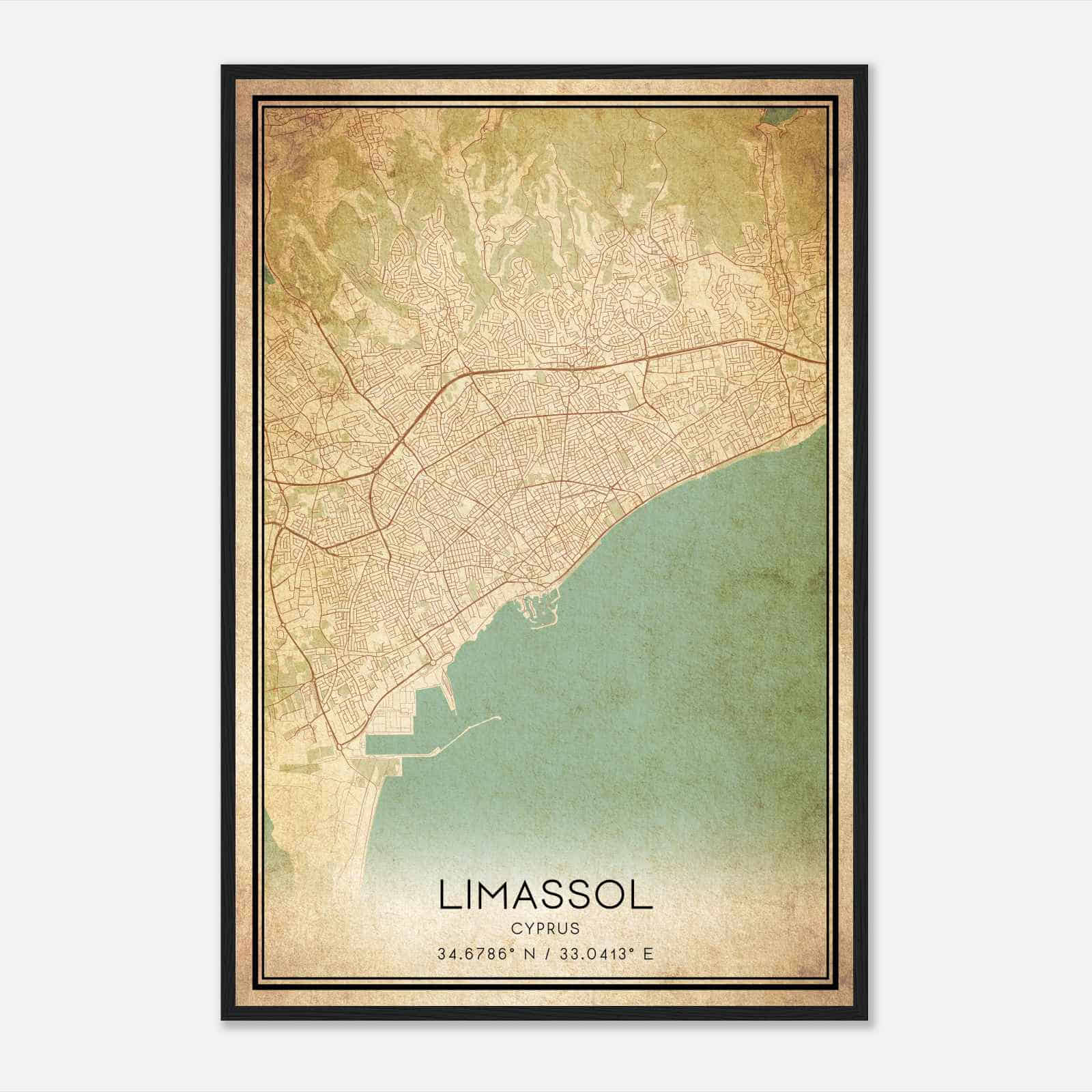 Vintage Limassol Cyprus Map Poster, Limassol City Road Wall Art Print ...