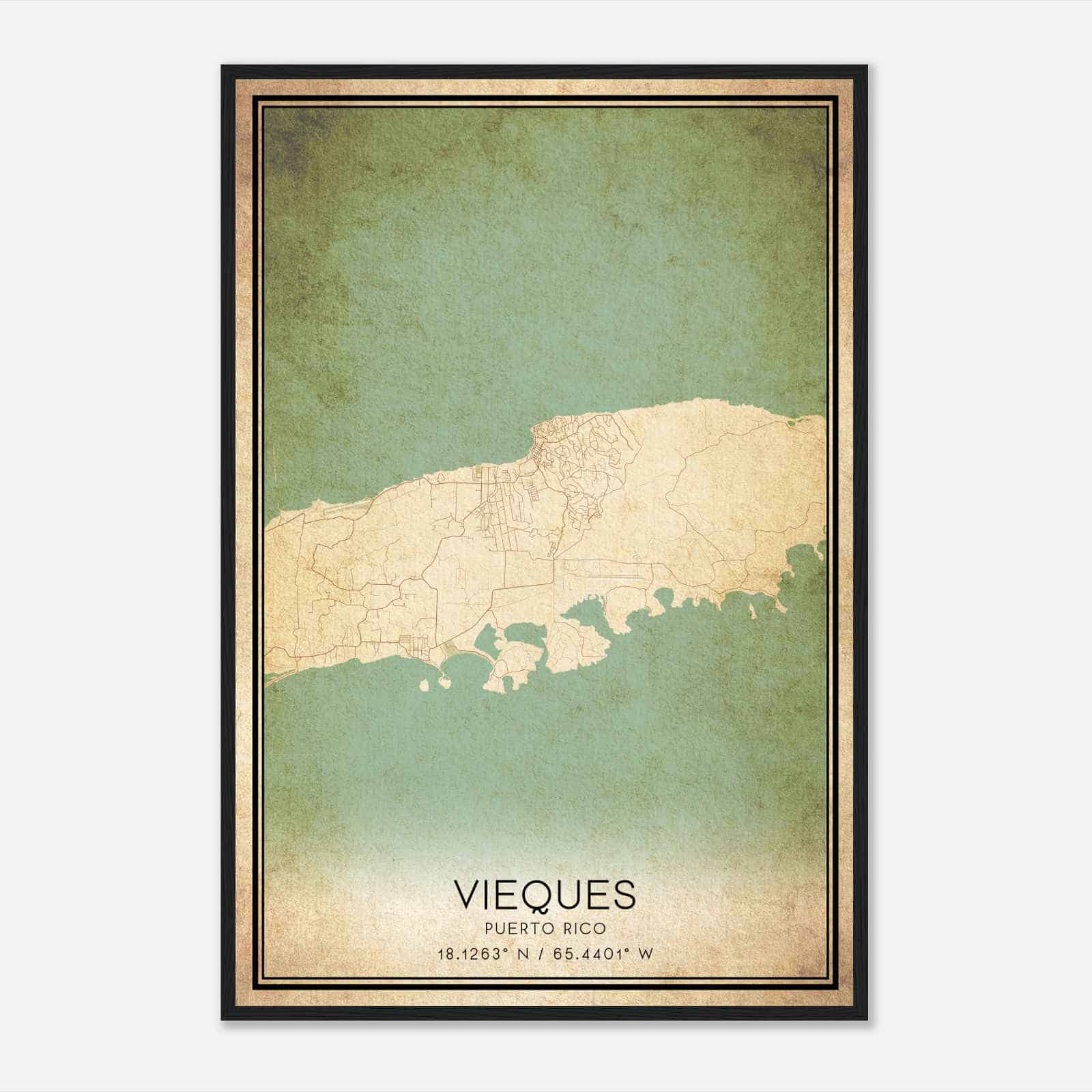 Vintage Vieques Puerto Rico Map Poster, Vieques City Road Wall Art ...