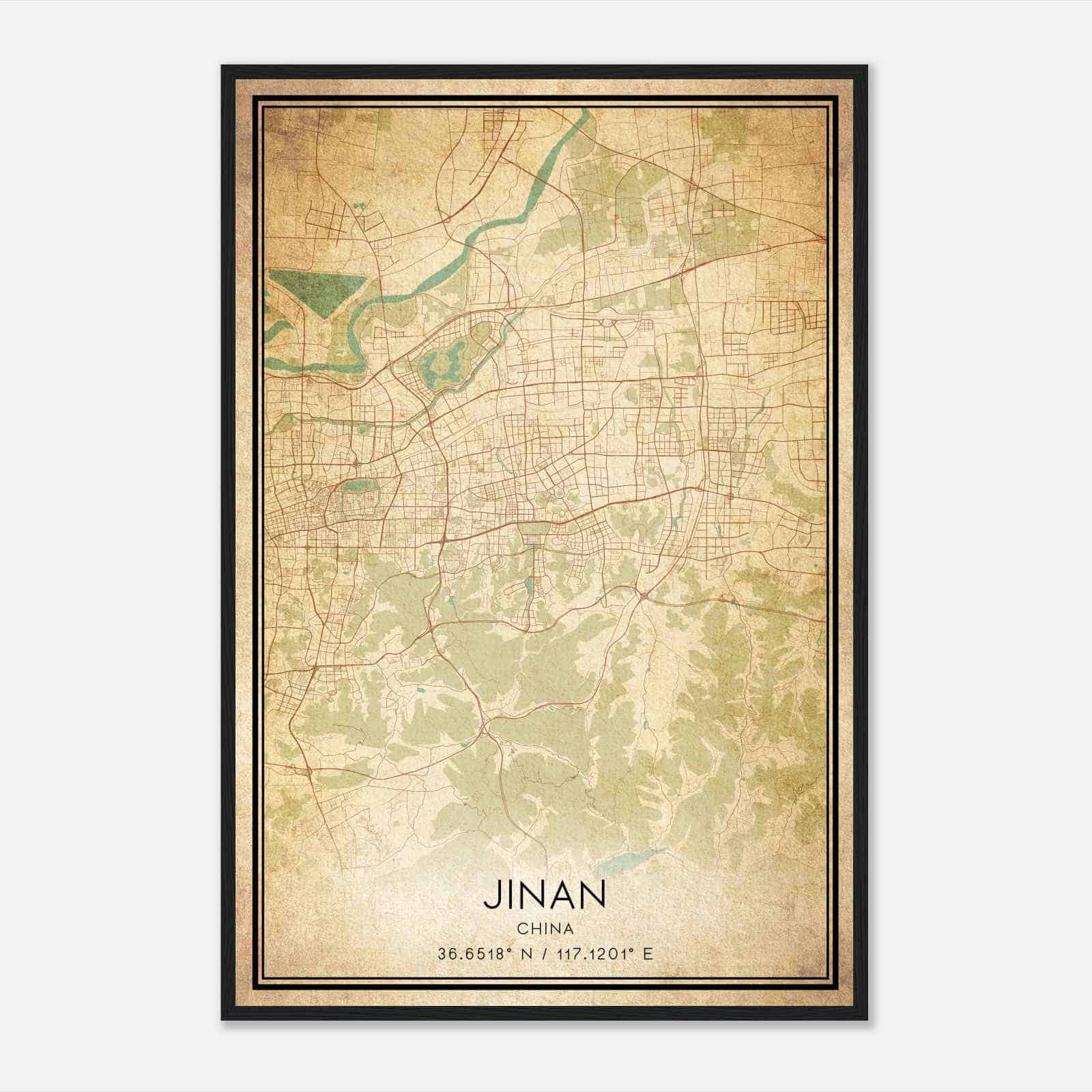 Vintage Jinan China Map Poster, Jinan City Road Wall Art Print - Custom Maps & Posters