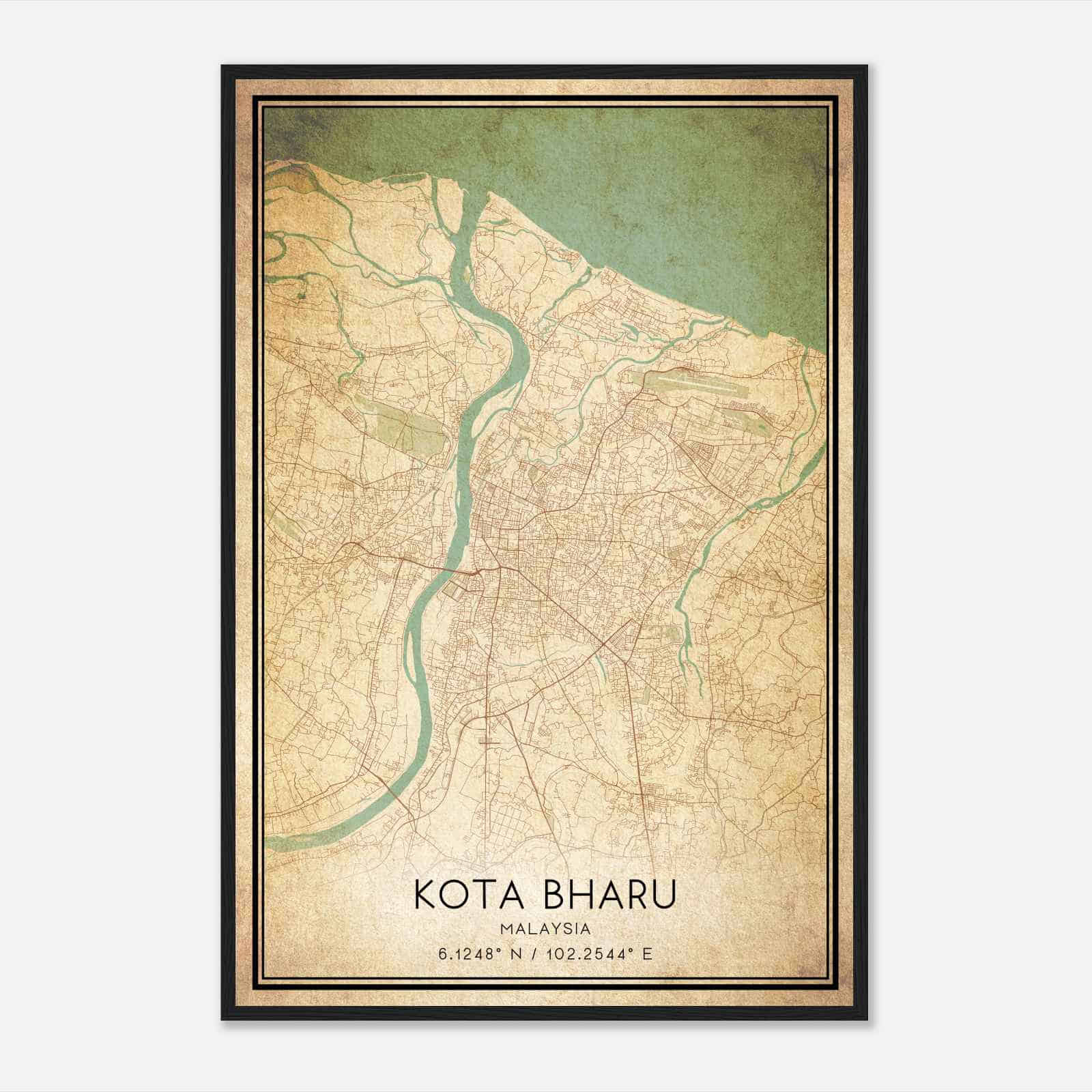 Vintage Kota Bharu Malaysia Map Poster, Kota Bharu City Road Wall Art ...