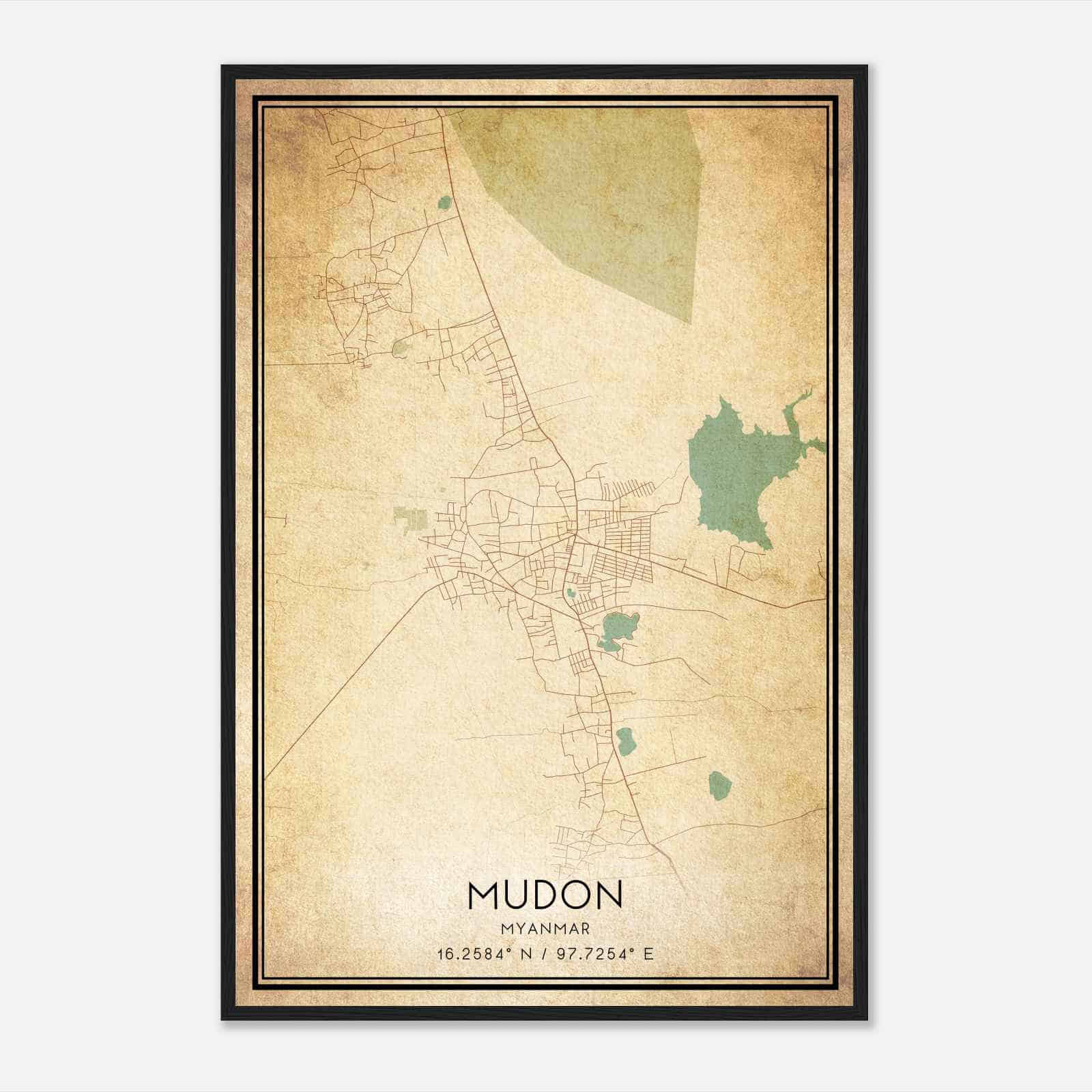 Vintage Mudon Myanmar Map Poster, Mudon City Road Wall Art Print ...