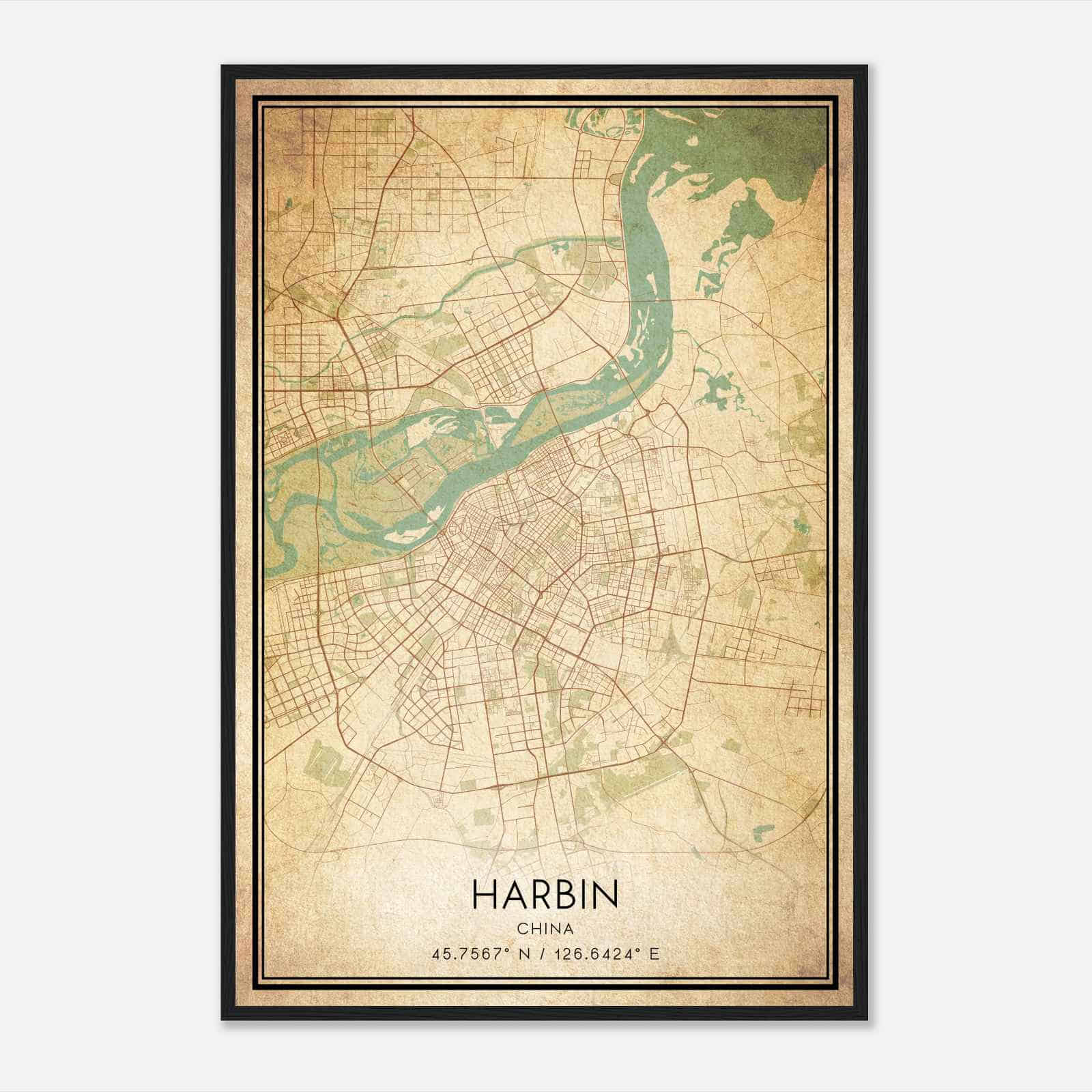 Vintage Harbin China Map Poster, Harbin City Road Wall Art Print ...