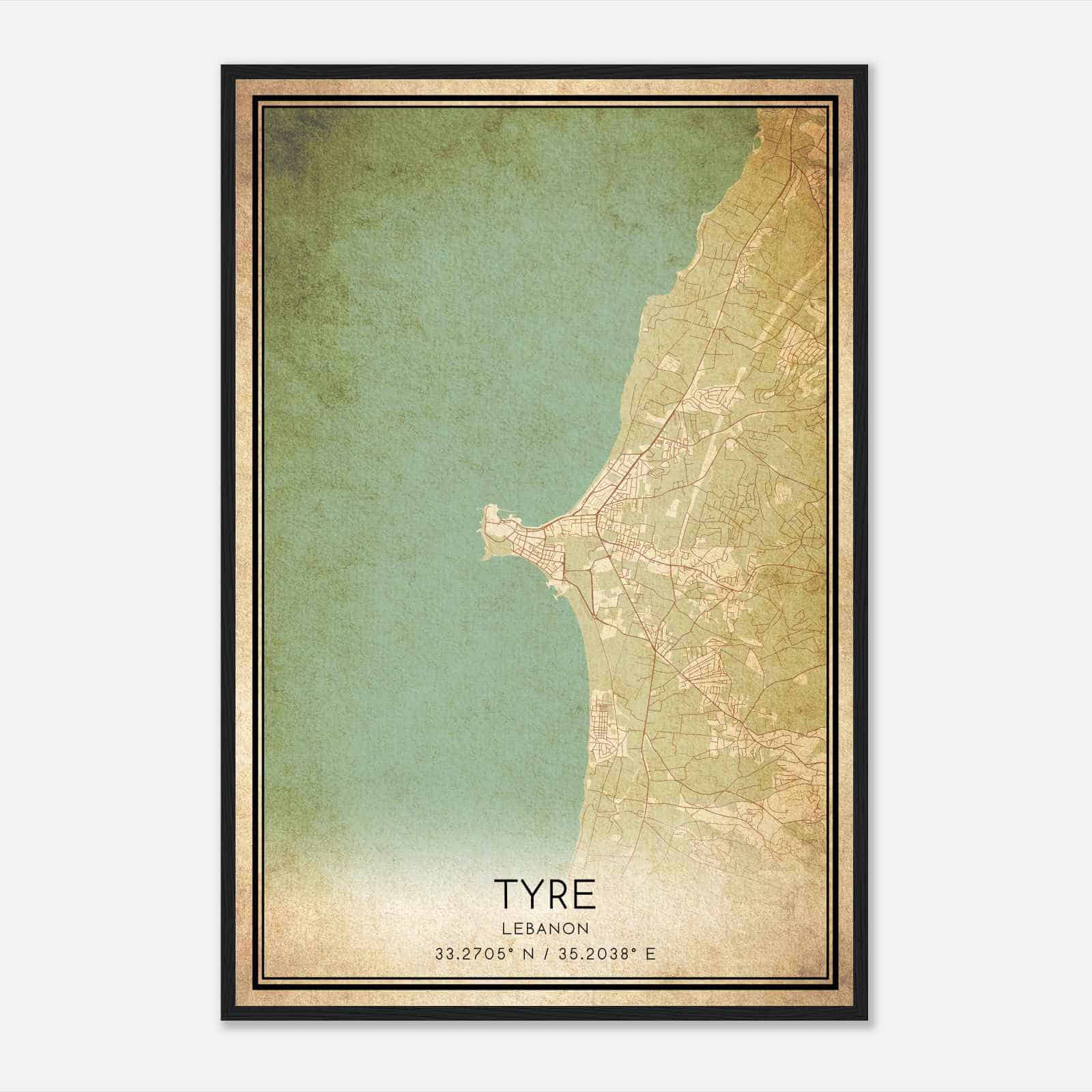 Vintage Tyre Lebanon Map Poster, Tyre City Road Wall Art Print - Custom Maps & Posters
