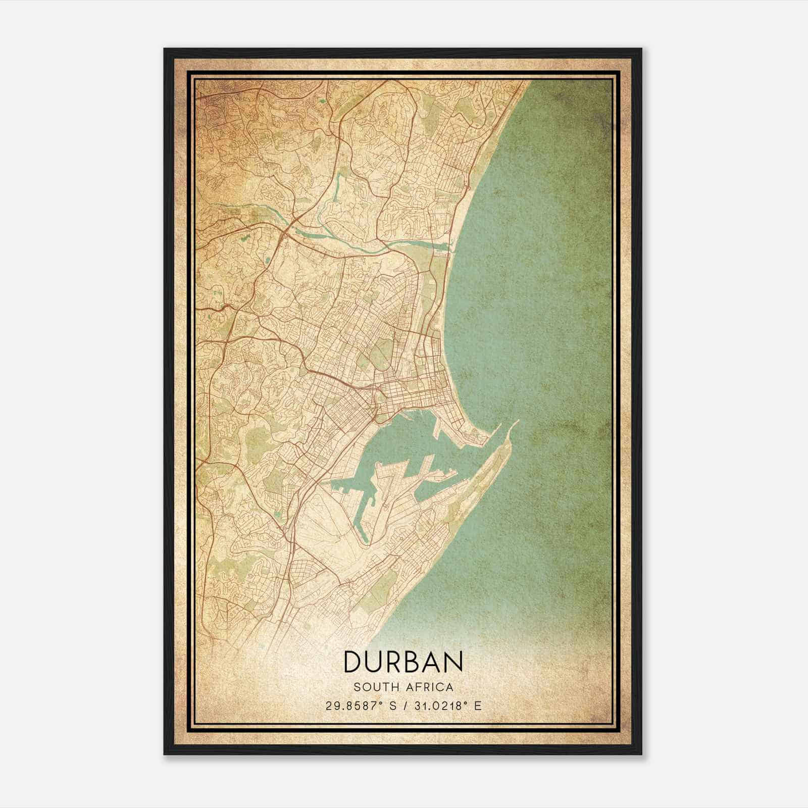 Vintage Durban South Africa Map Poster, Durban City Road Wall Art Print ...