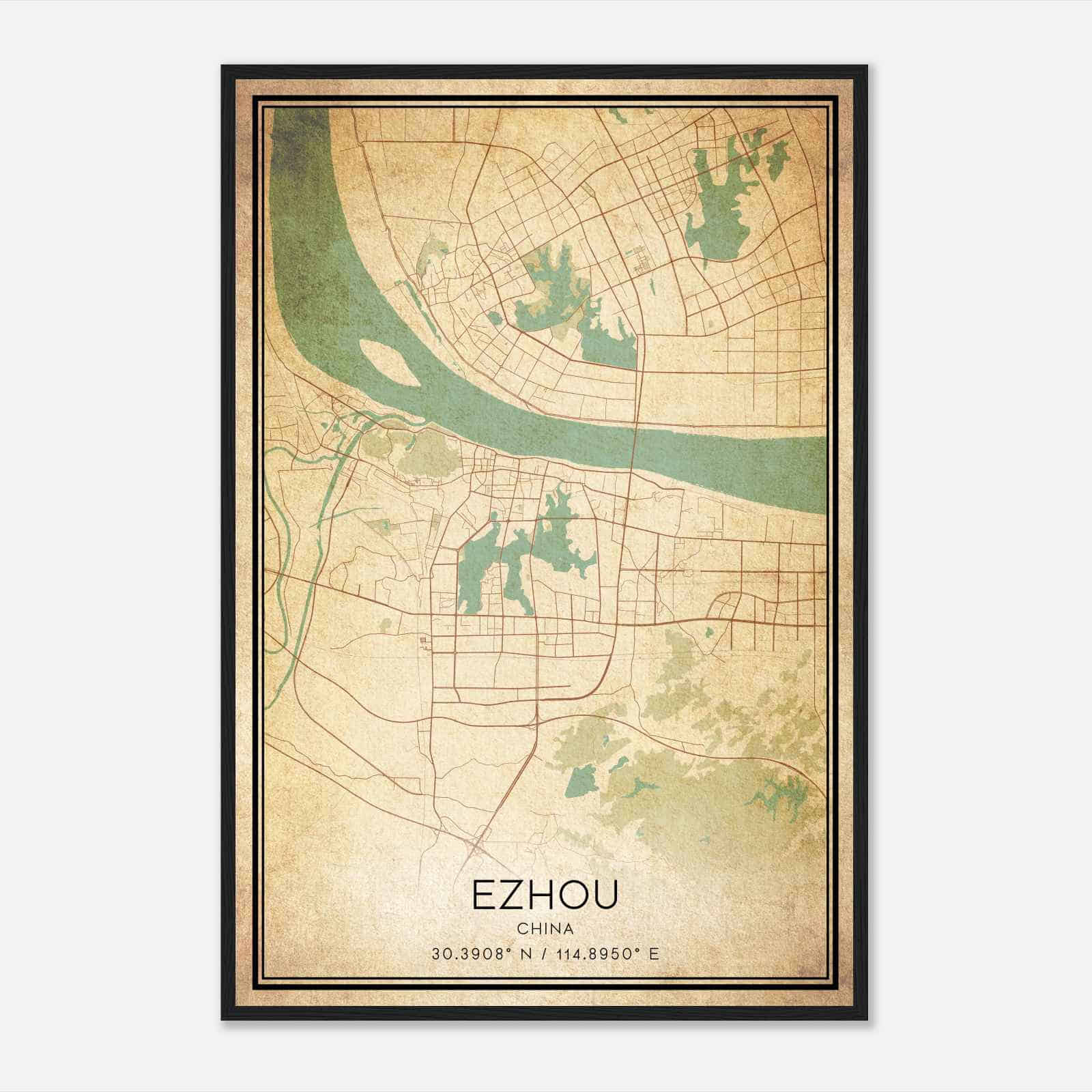Vintage Ezhou China Map Poster, Ezhou City Road Wall Art Print - Custom ...