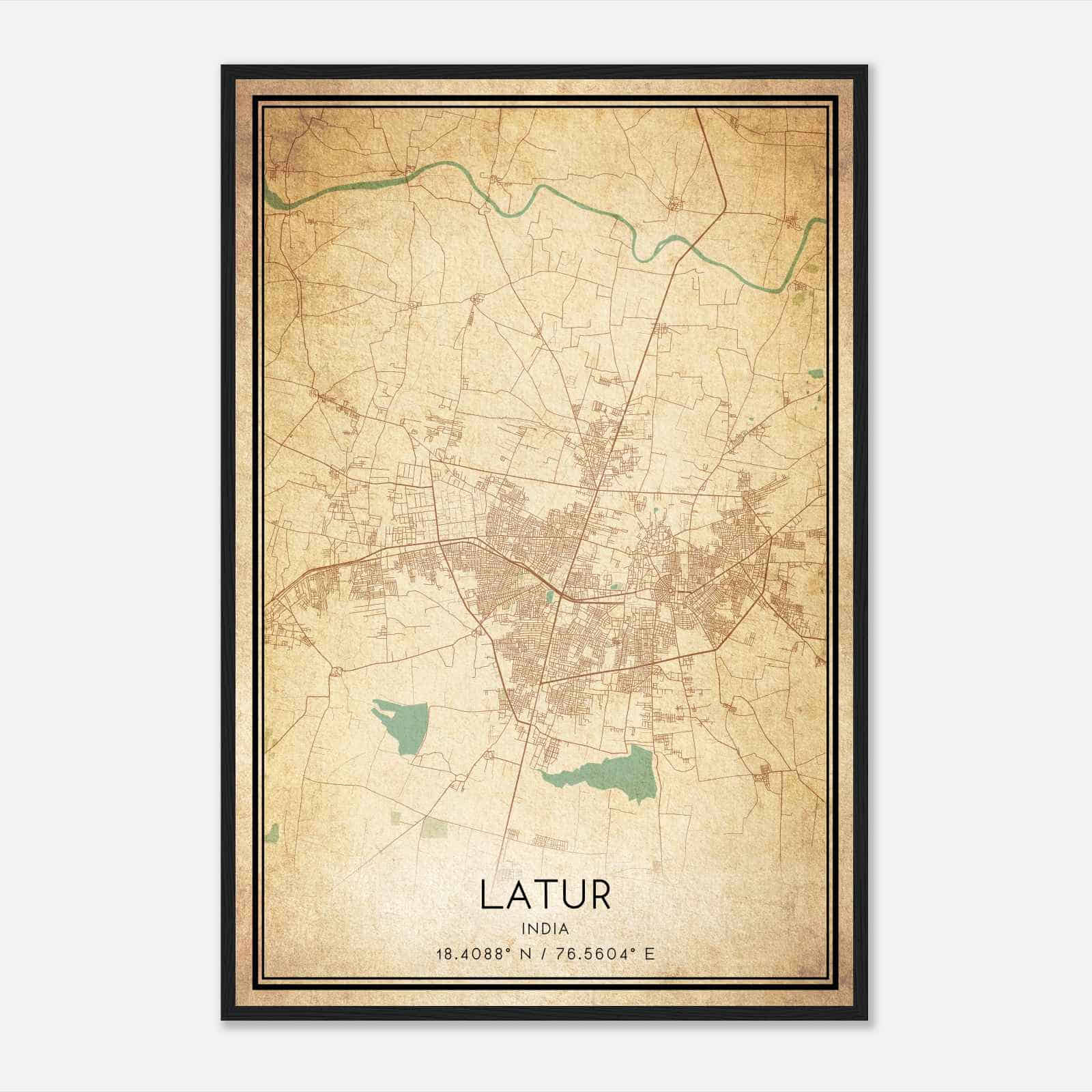 Vintage Latur India Map Poster, Latur City Road Wall Art Print - Custom Maps & Posters