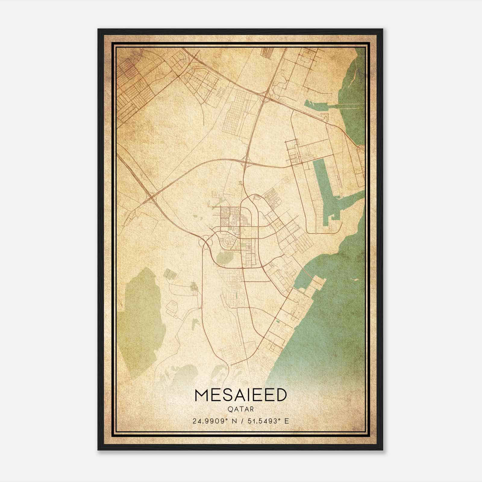 Vintage Mesaieed Qatar Map Poster, Mesaieed City Road Wall Art Print ...