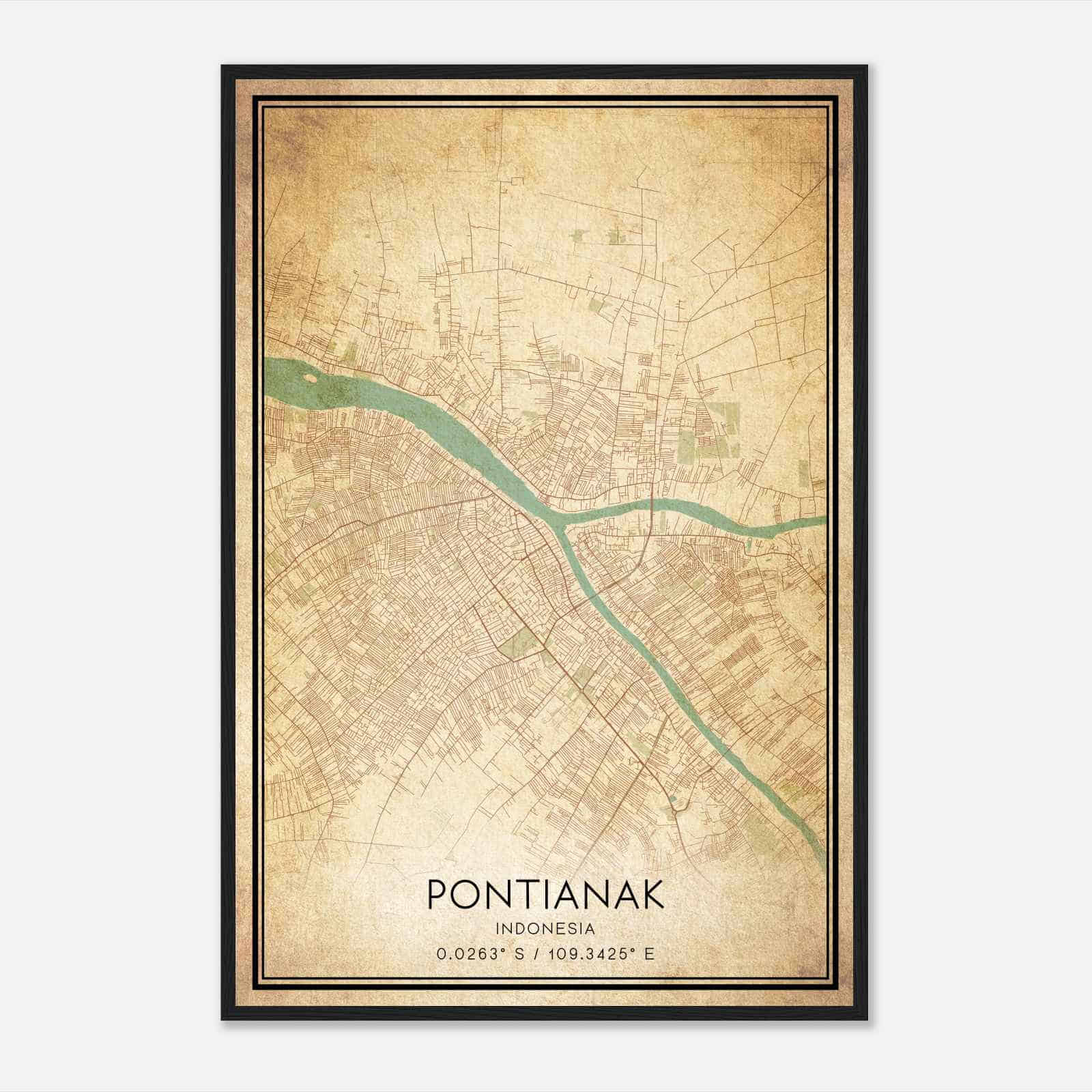 Vintage Pontianak Indonesia Map Poster, Pontianak City Road Wall Art ...