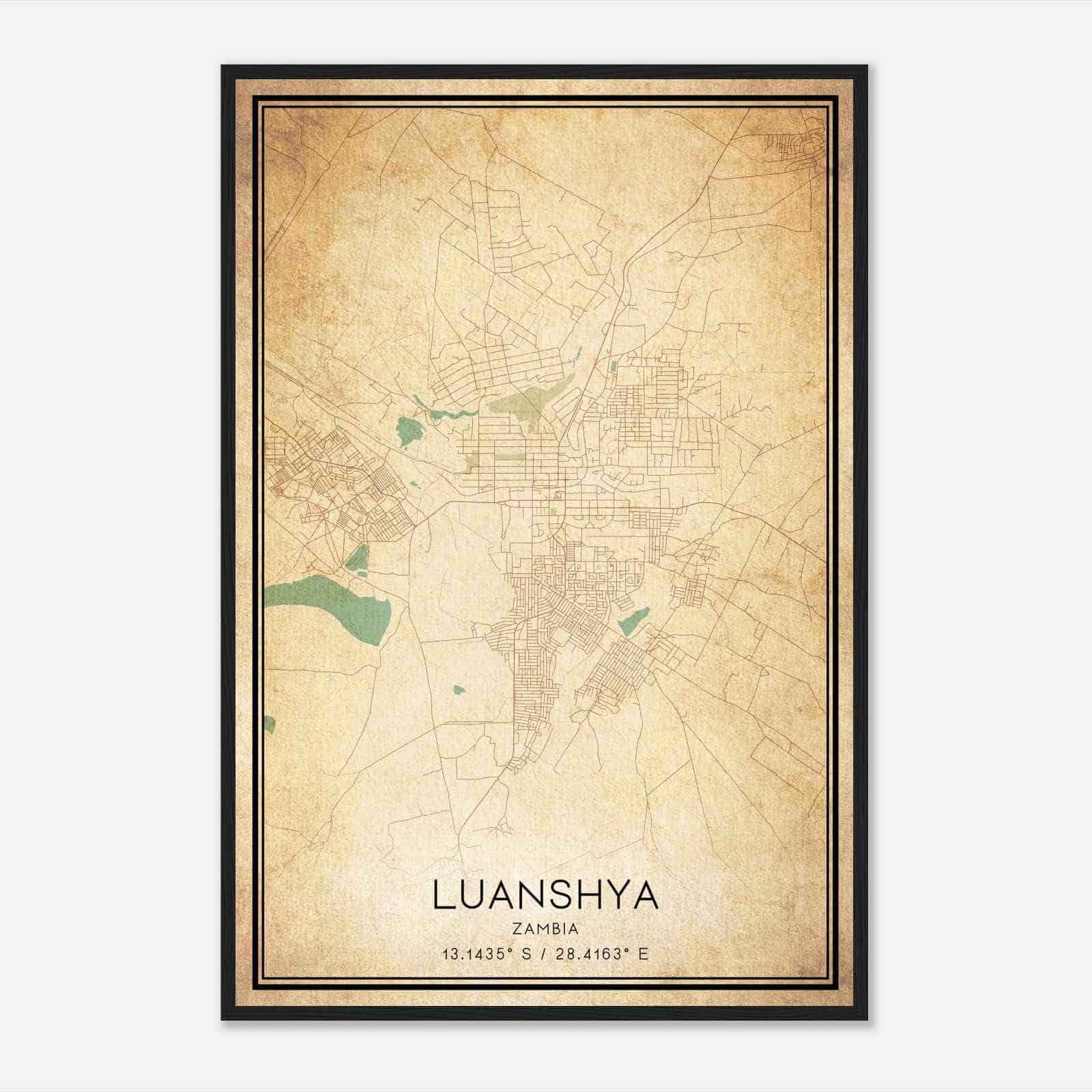Vintage Luanshya Zambia Map Poster, Luanshya City Road Wall Art Print ...