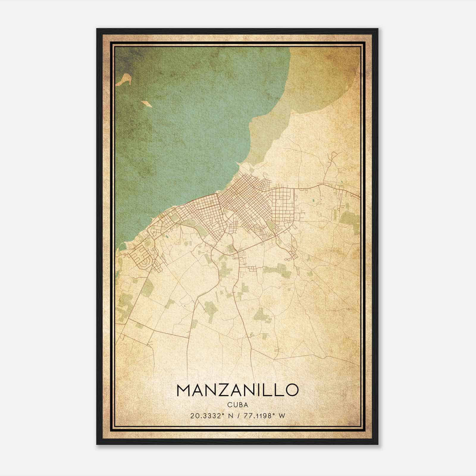 Vintage Manzanillo Cuba Map Poster, Manzanillo City Road Wall Art Print ...