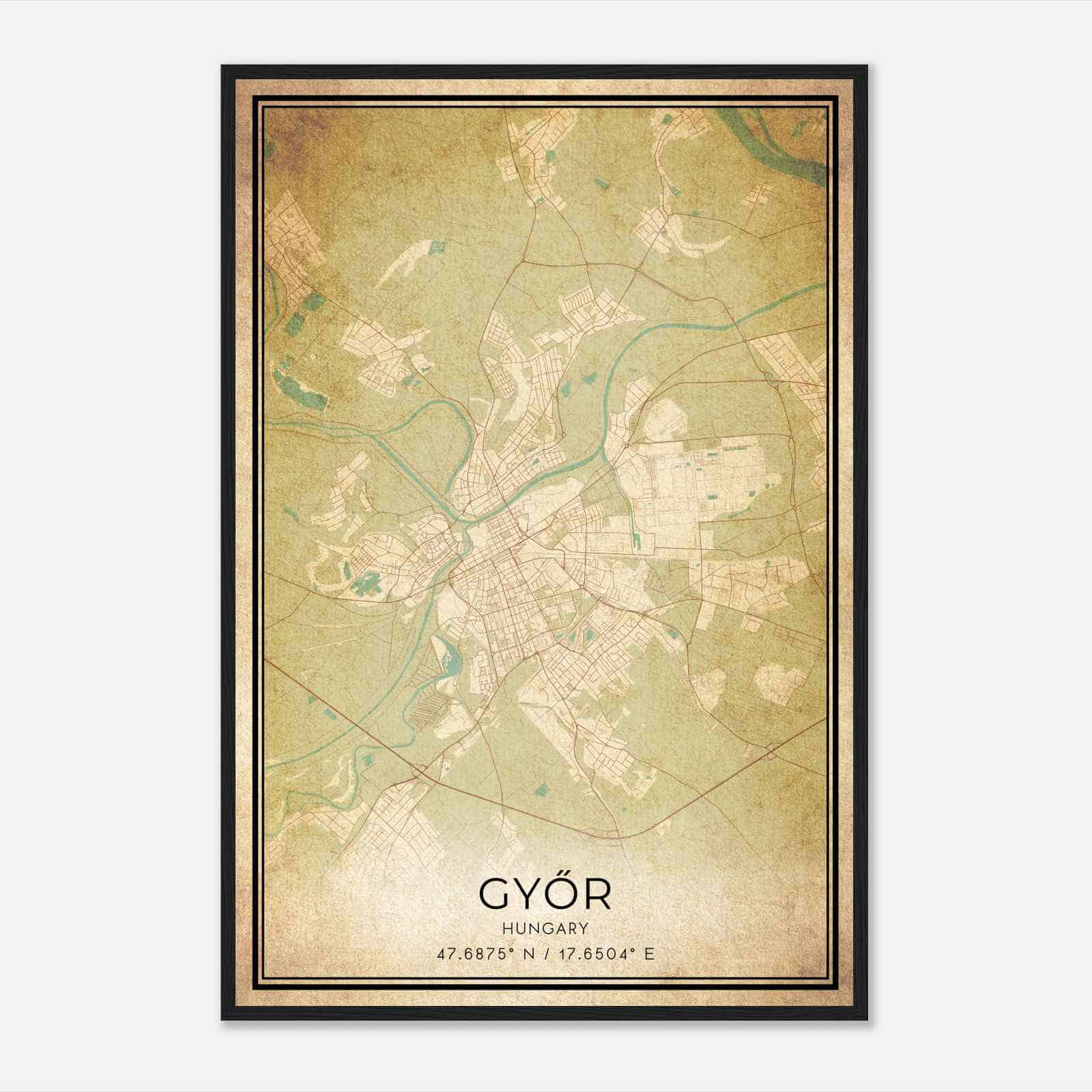 Vintage Gyor Hungary Map Poster, Gyor City Road Wall Art Print - Custom ...