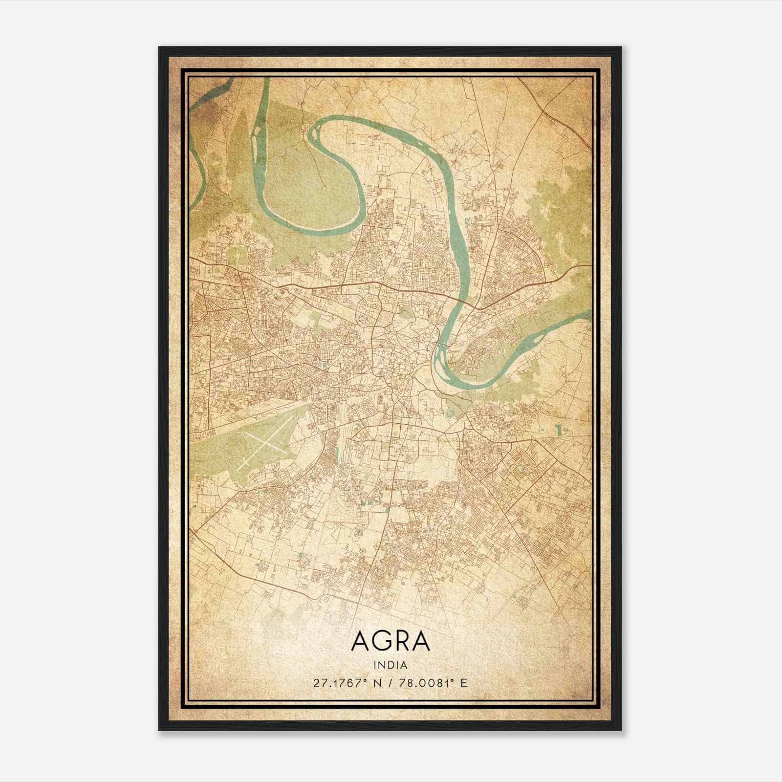 Vintage Agra India Map Poster, Agra City Road Wall Art Print - Custom ...
