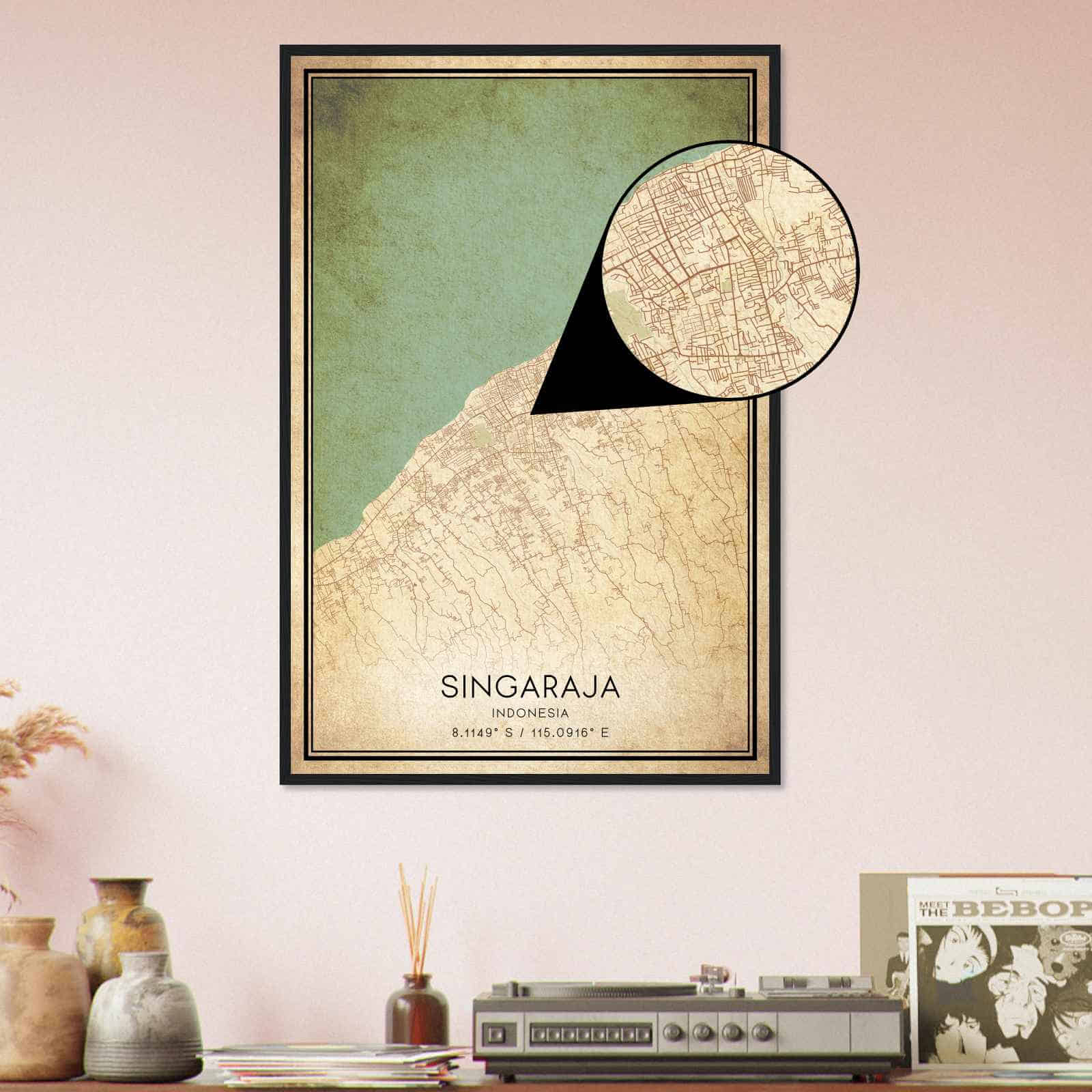 Vintage Singaraja Indonesia Map Poster, Singaraja City Road Wall Art ...