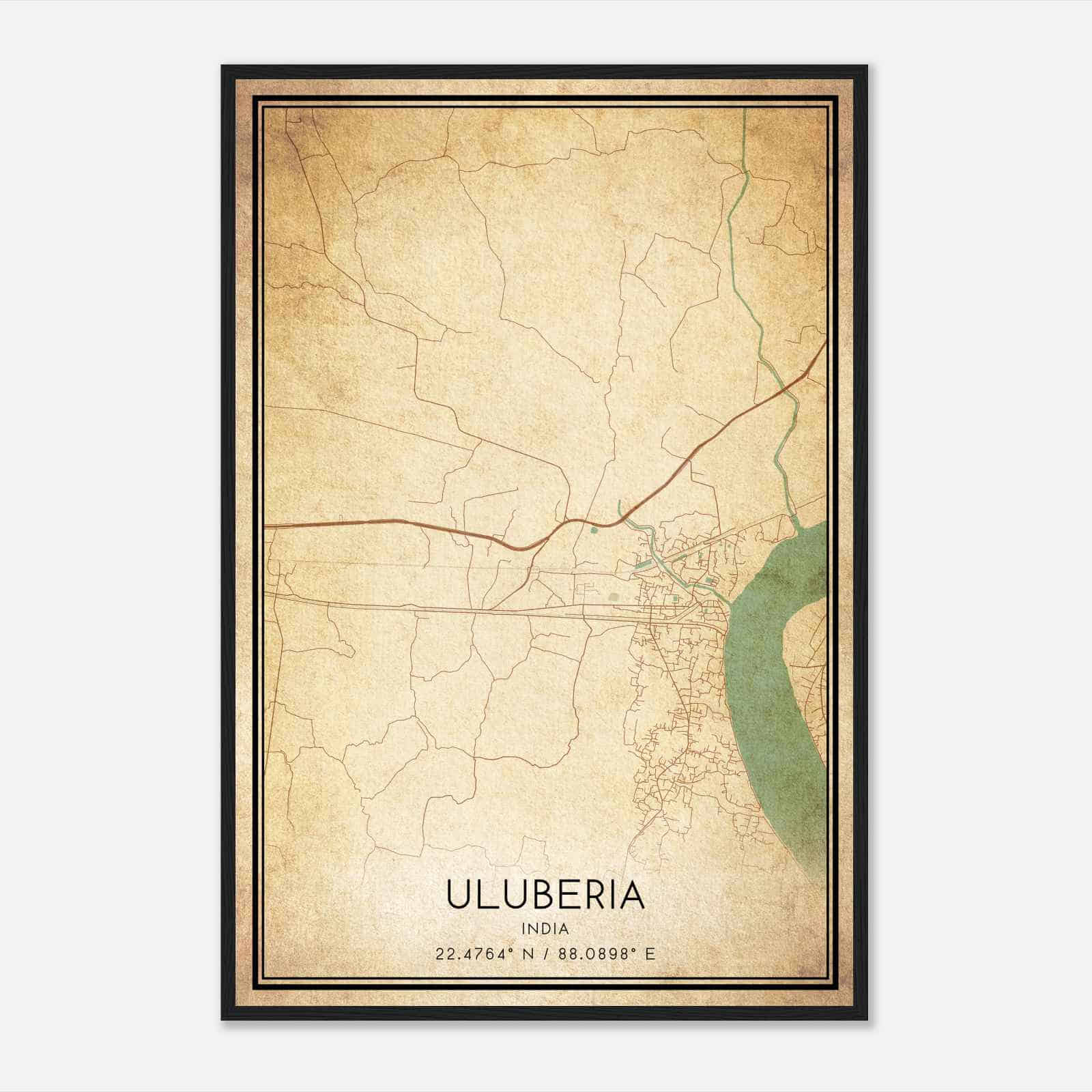 Vintage Uluberia India Map Poster, Uluberia City Road Wall Art Print ...