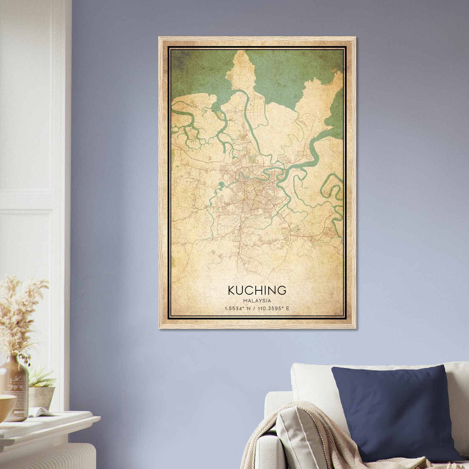 Vintage Kuching Malaysia Map Poster, Kuching City Road Wall Art Print - Custom Maps & Posters