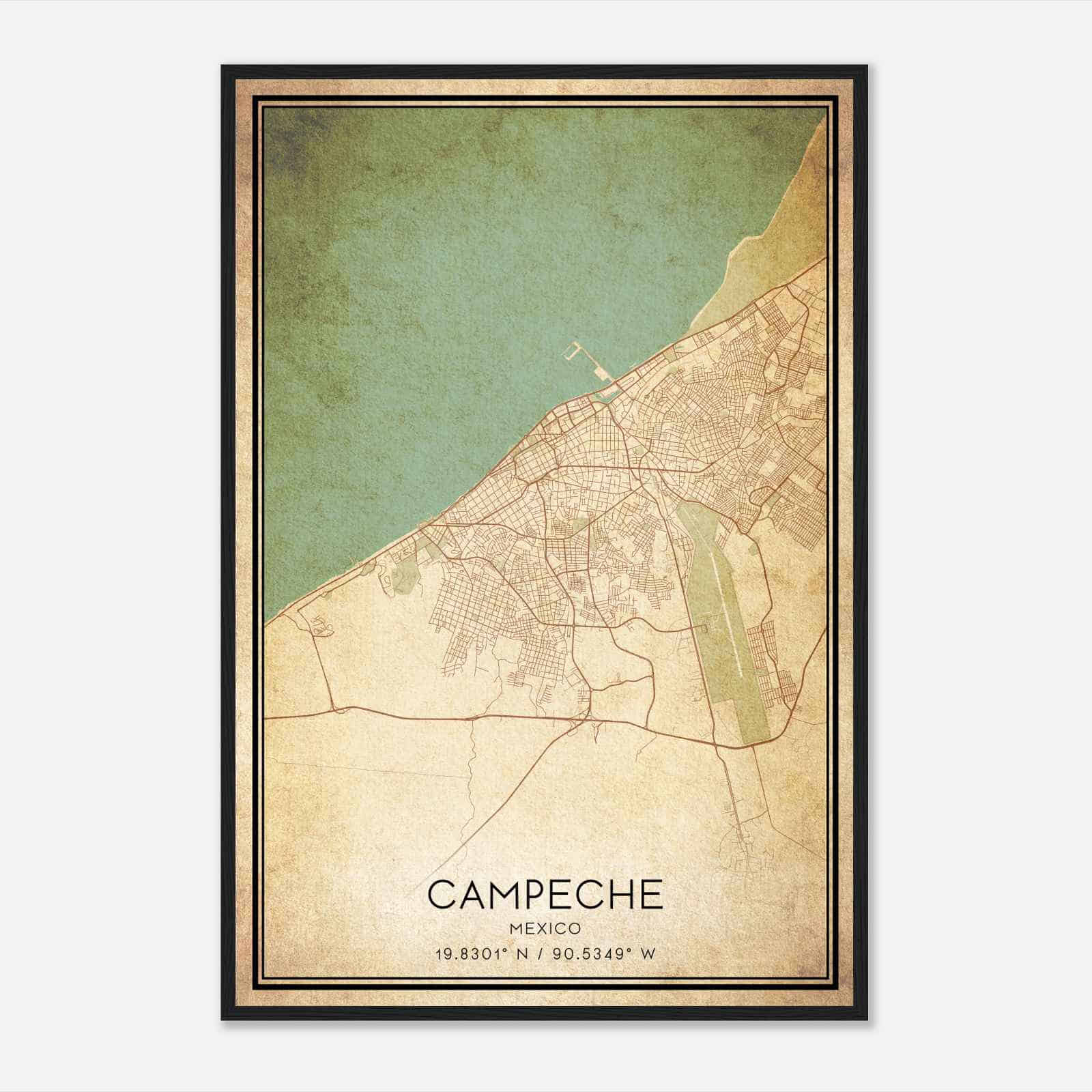 Vintage Campeche Mexico Map Poster, Campeche City Road Wall Art Print ...