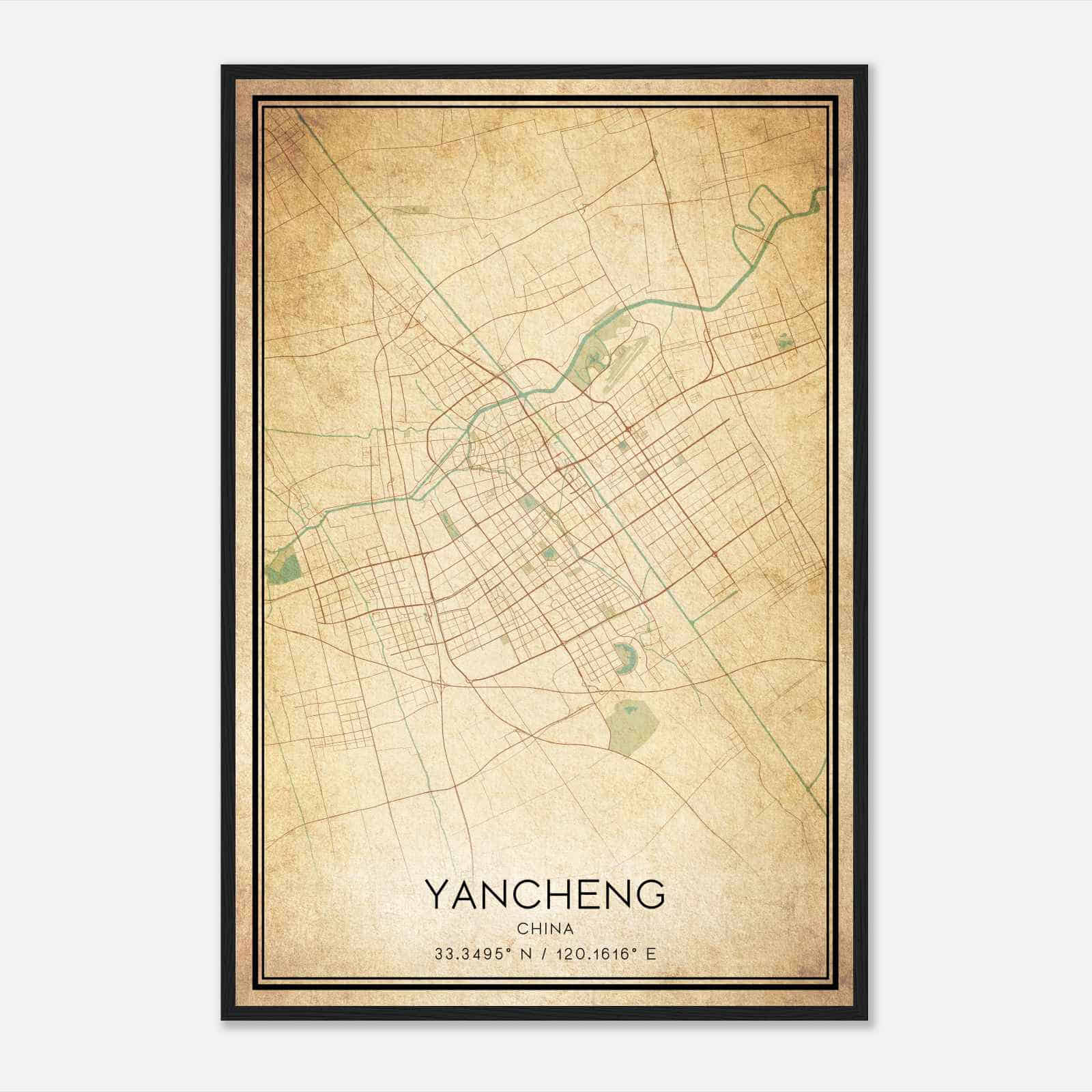 Vintage Yancheng China Map Poster, Yancheng City Road Wall Art Print ...