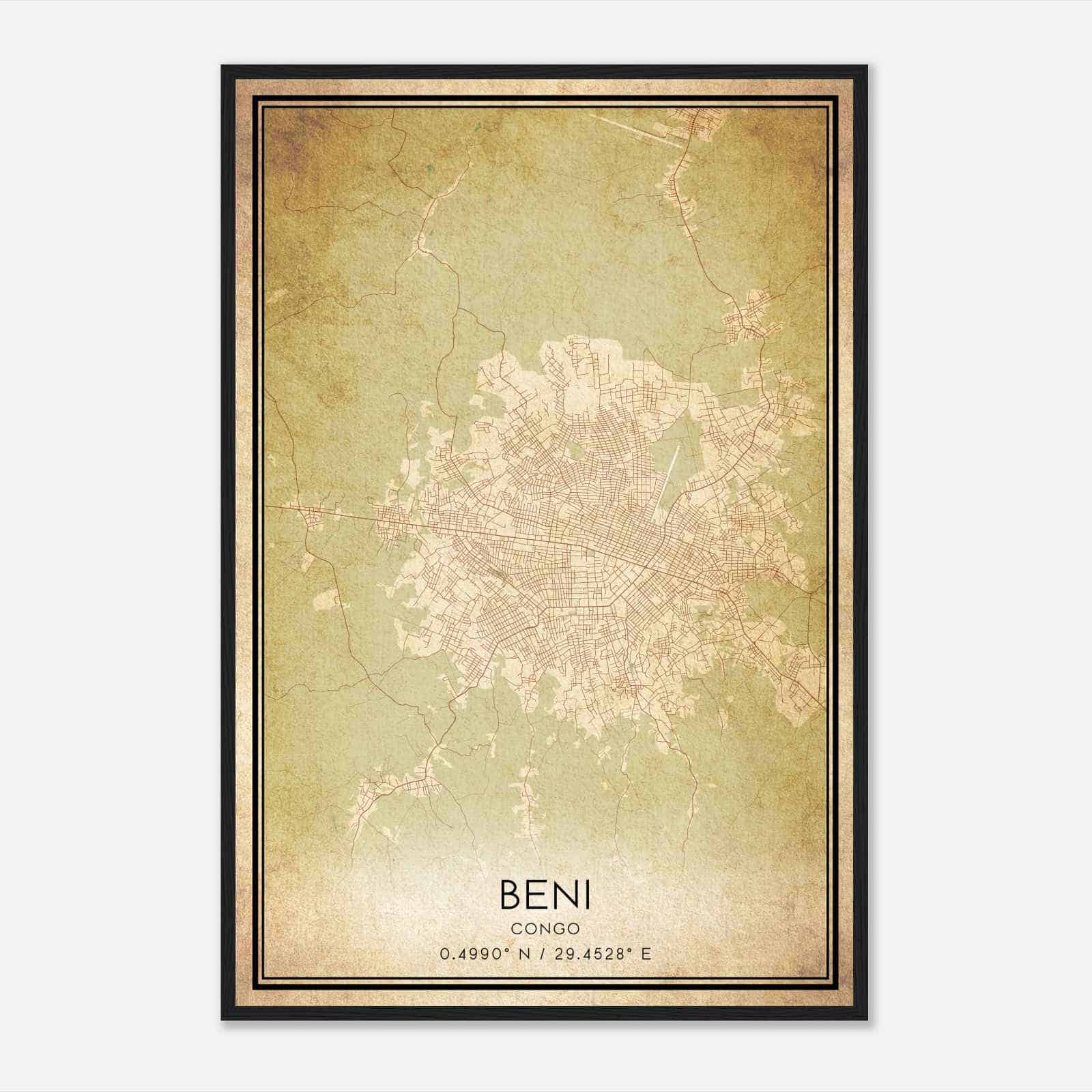Vintage Beni Congo Map Poster, Beni City Road Wall Art Print - Custom ...