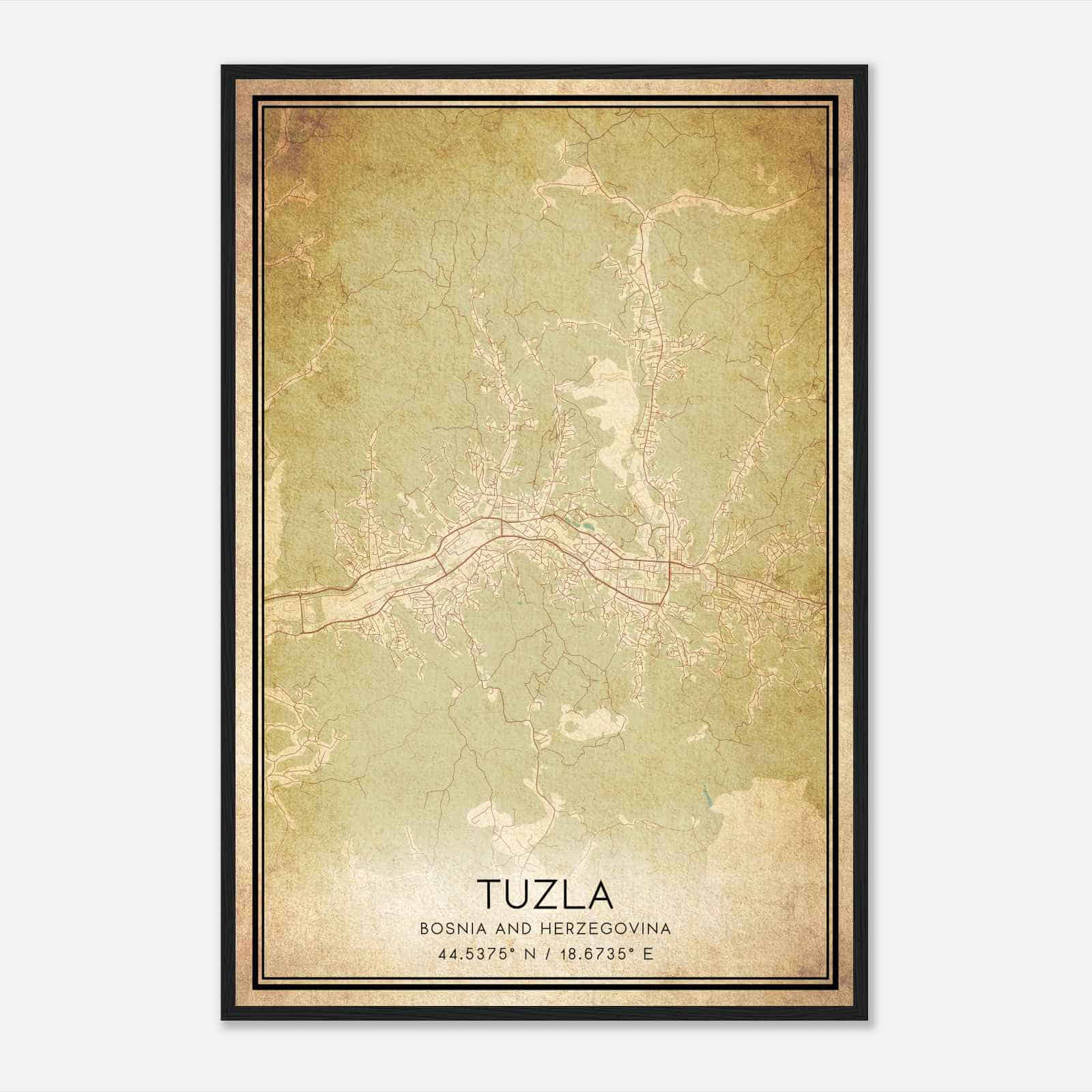 Vintage Tuzla Bosnia And Herzegovina Map Poster, Tuzla City Road Wall ...