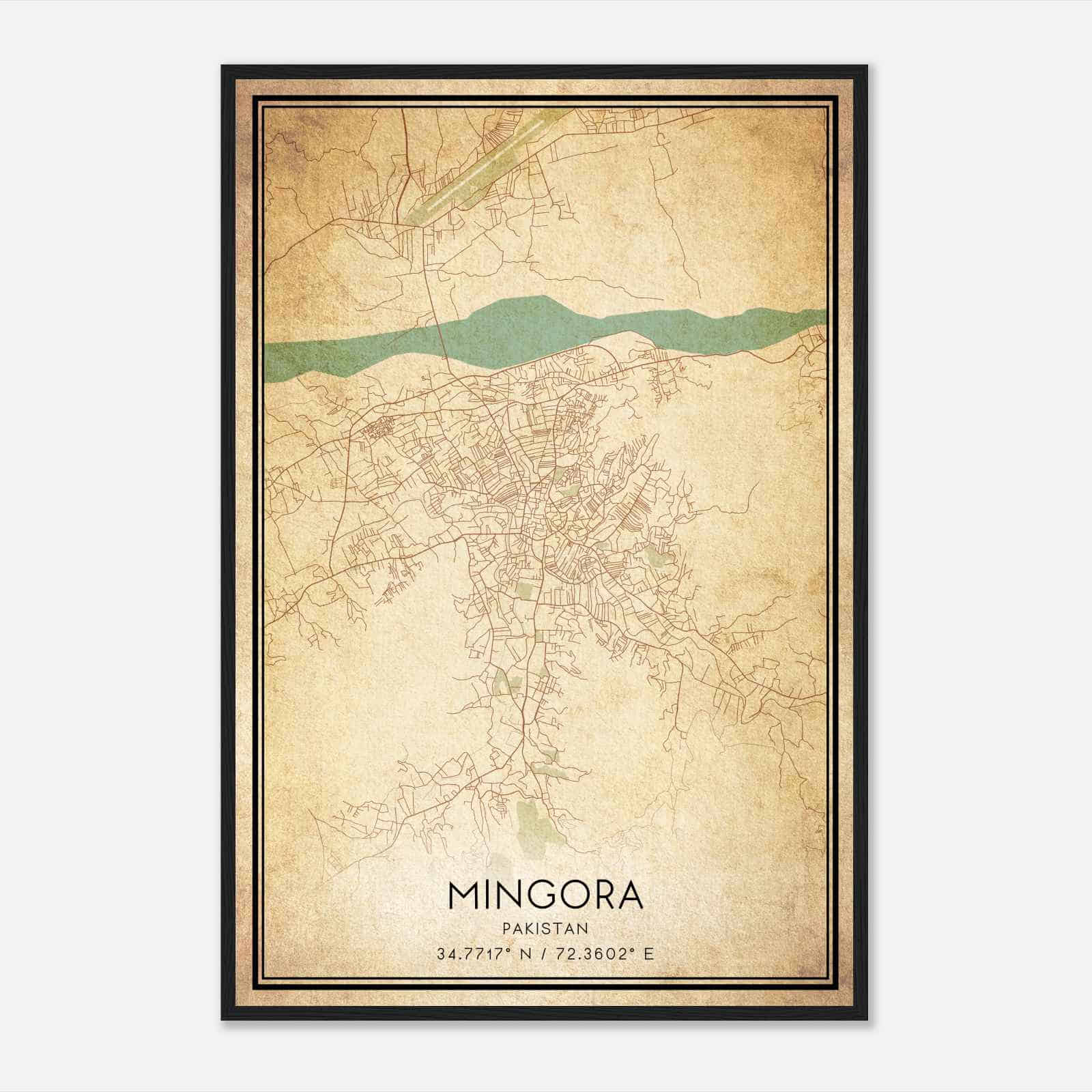 Vintage Mingora Pakistan Map Poster, Mingora City Road Wall Art Print ...