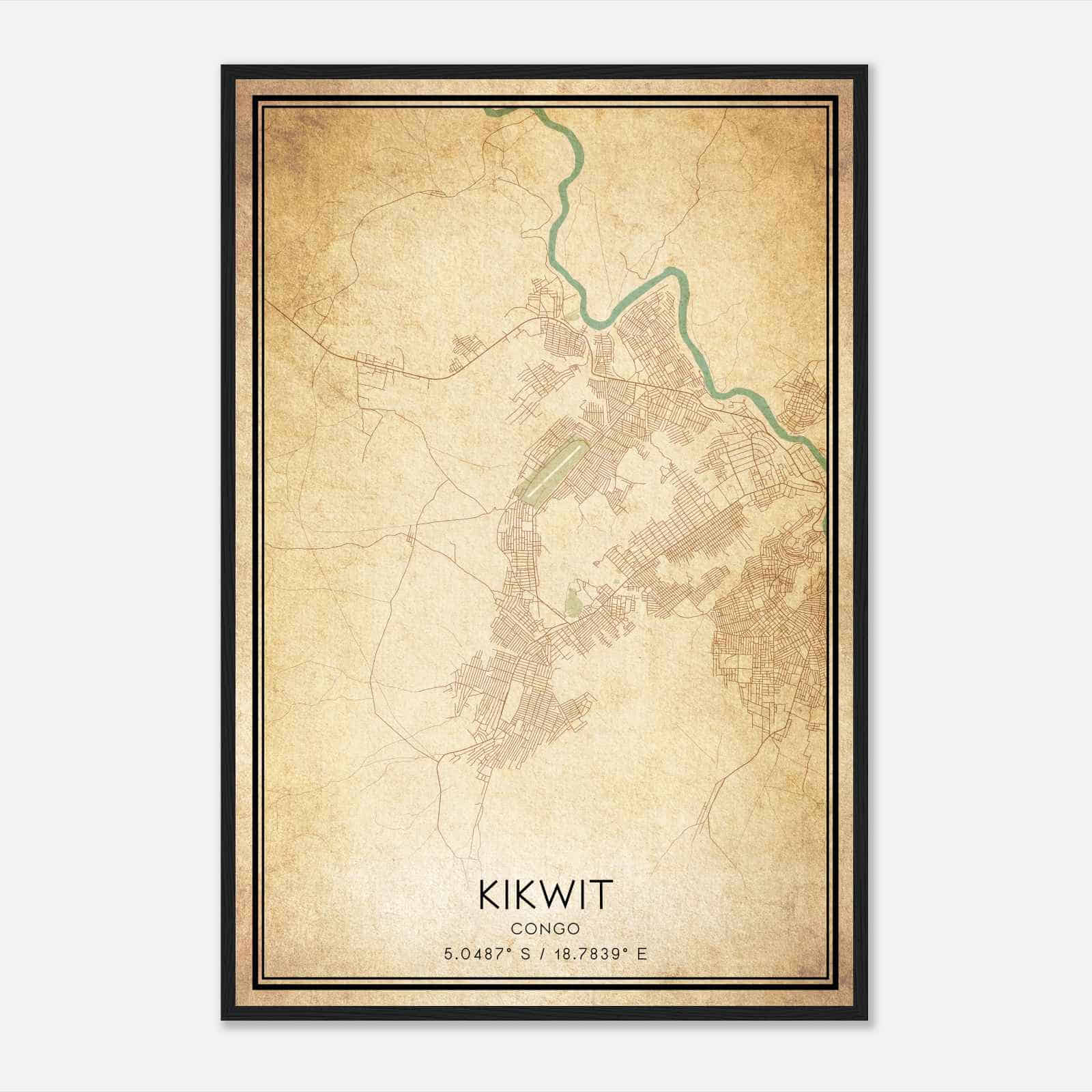Vintage Kikwit Congo Map Poster, Kikwit City Road Wall Art Print ...