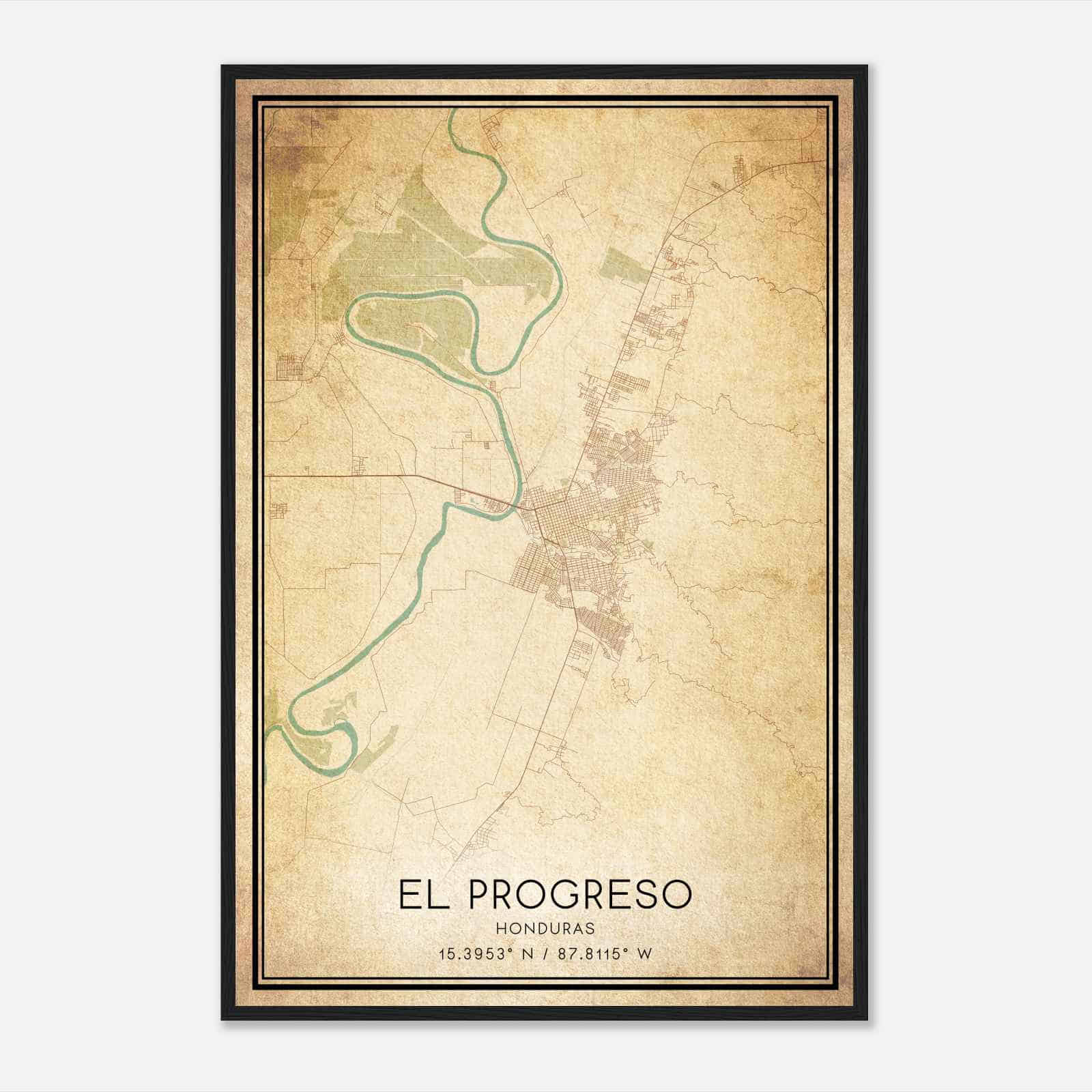 Vintage El Progreso Honduras Map Poster, El Progreso City Road Wall Art ...