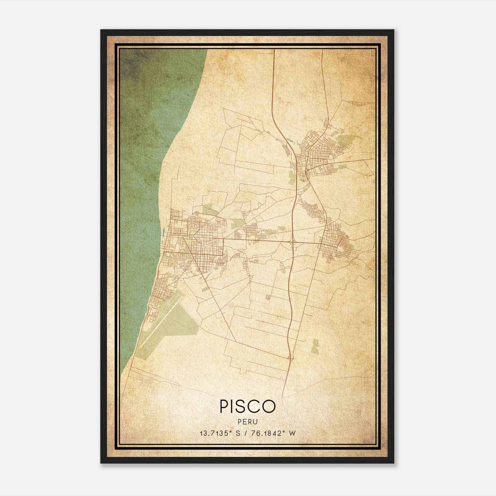 Vintage Pisco Peru Map Poster, Pisco City Road Wall Art Print - Custom ...