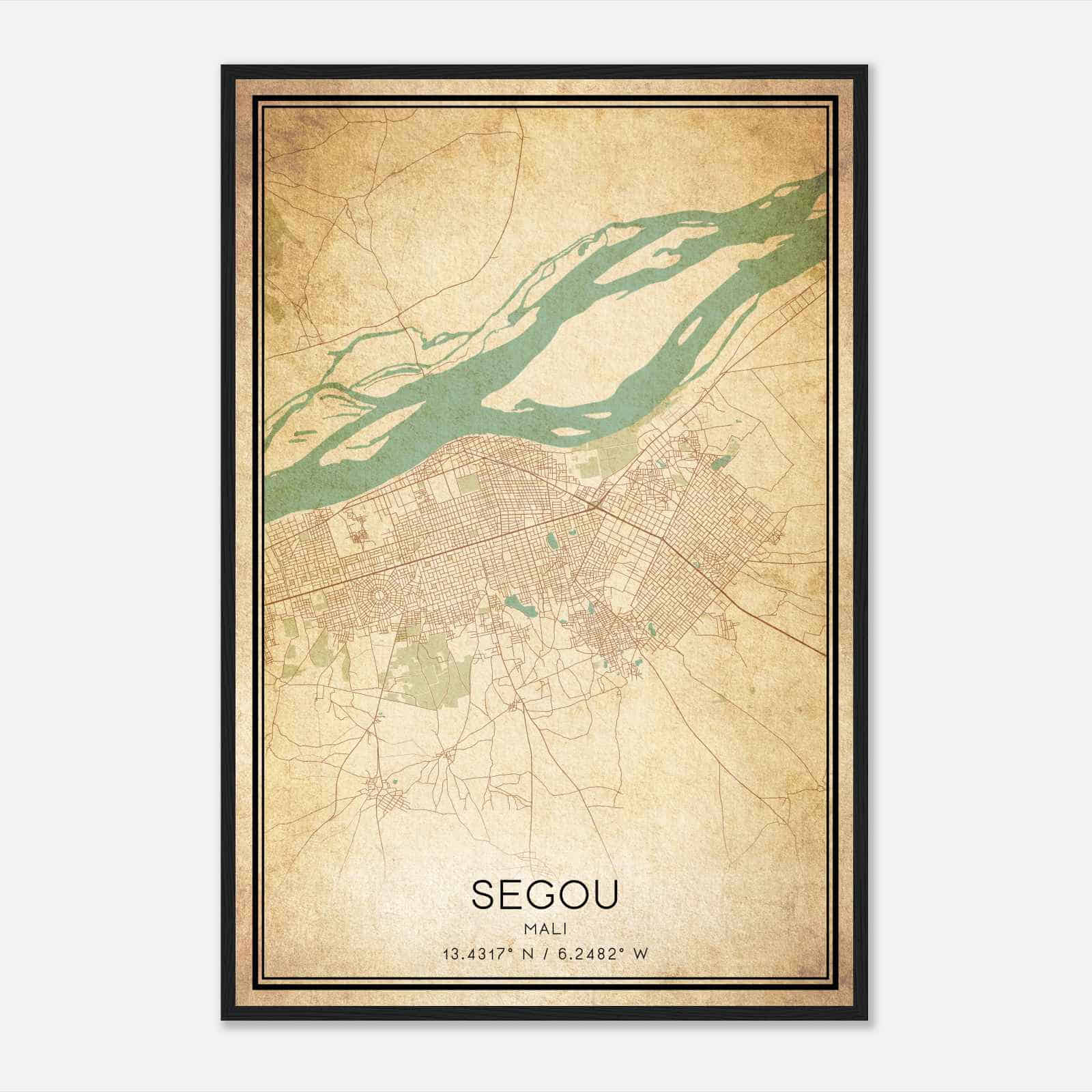 Vintage Segou Mali Map Poster, Segou City Road Wall Art Print - Custom ...