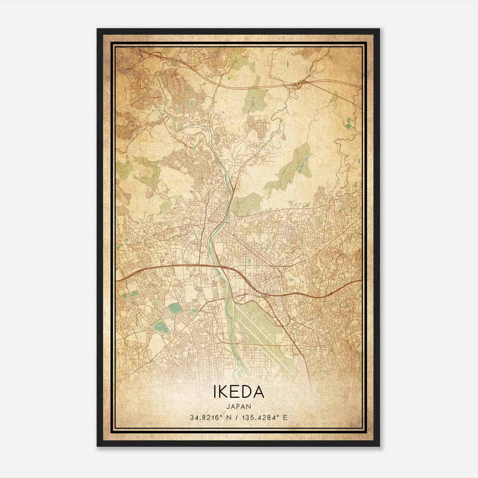 Vintage Ikeda Japan Map Poster, Ikeda City Road Wall Art Print - Custom Maps & Posters