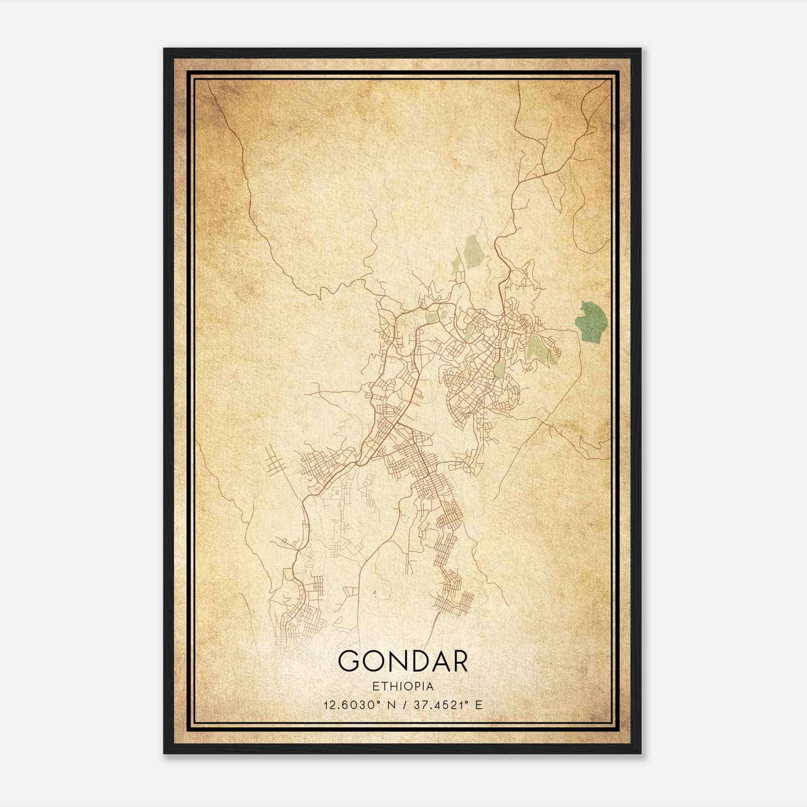 Vintage Gondar Ethiopia Map Poster, Gondar City Road Wall Art Print - Custom Maps & Posters