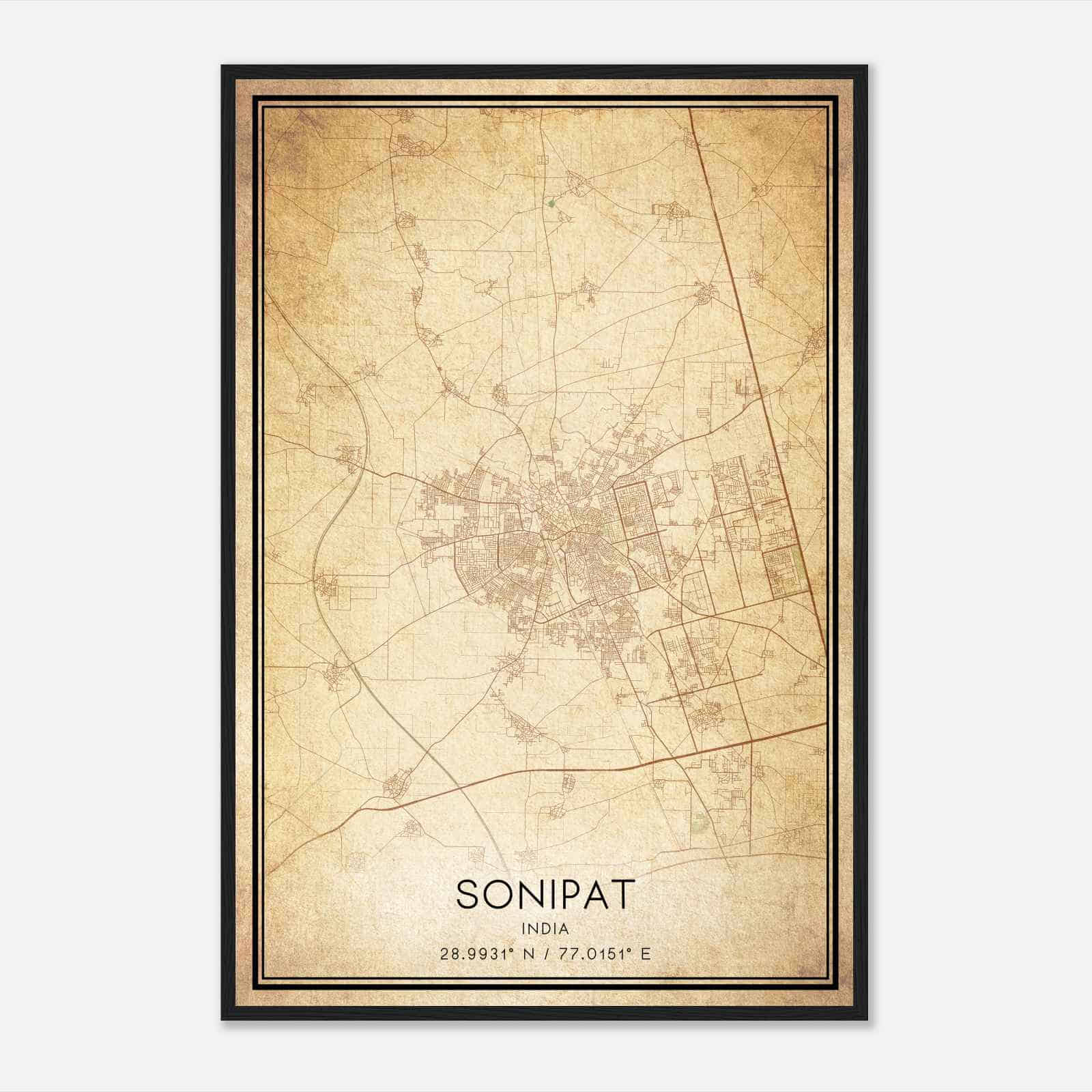 Vintage Sonipat India Map Poster, Sonipat City Road Wall Art Print ...