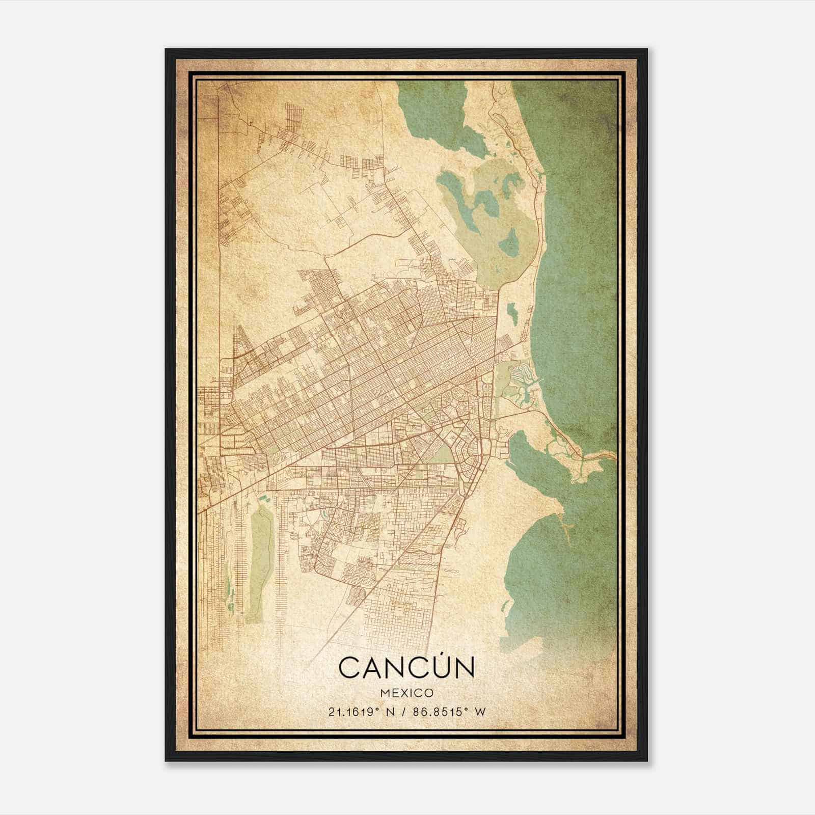 Vintage Cancun Mexico Map Poster, Cancun City Road Wall Art Print - Custom Maps & Posters