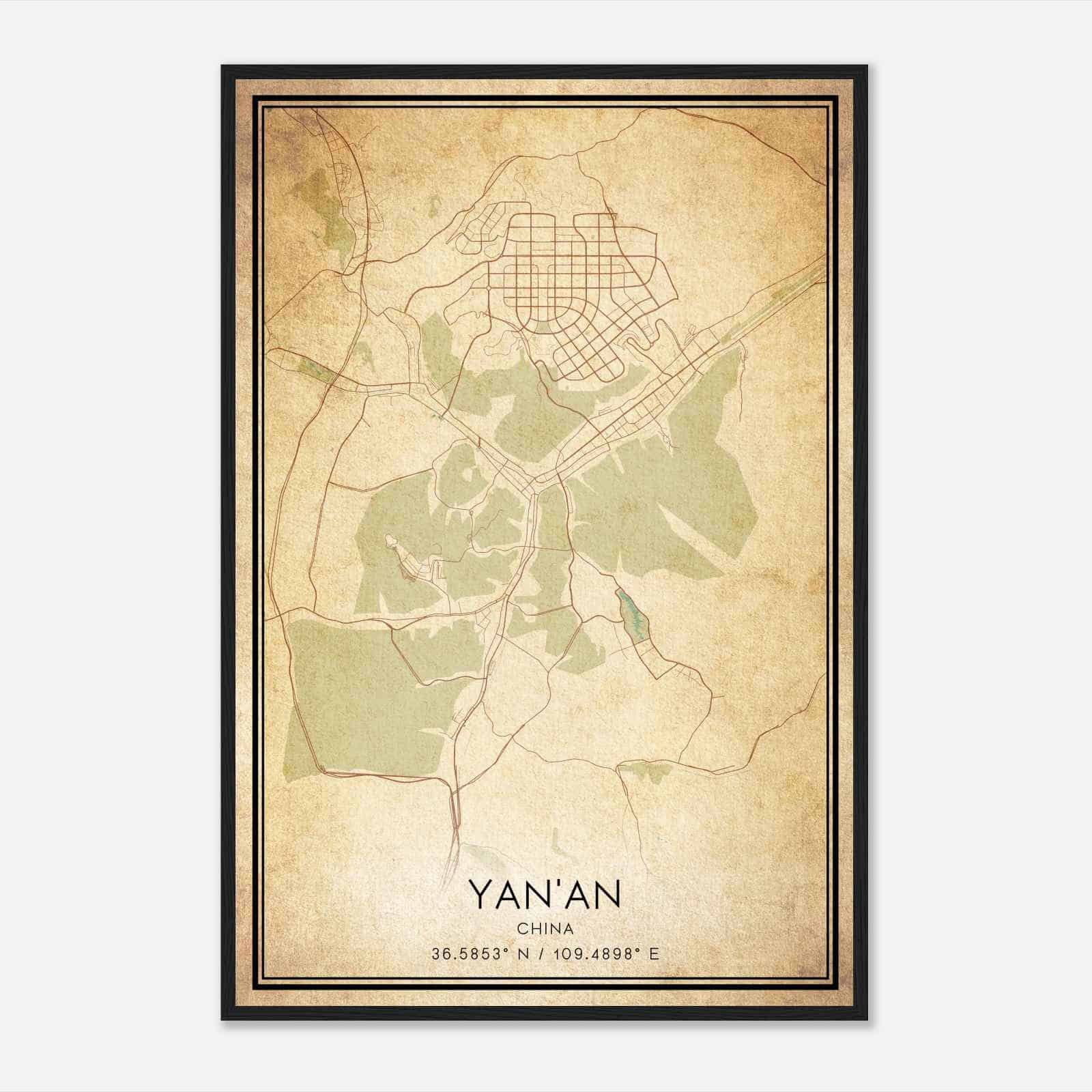 Vintage YanAn China Map Poster, YanAn City Road Wall Art Print - Custom ...