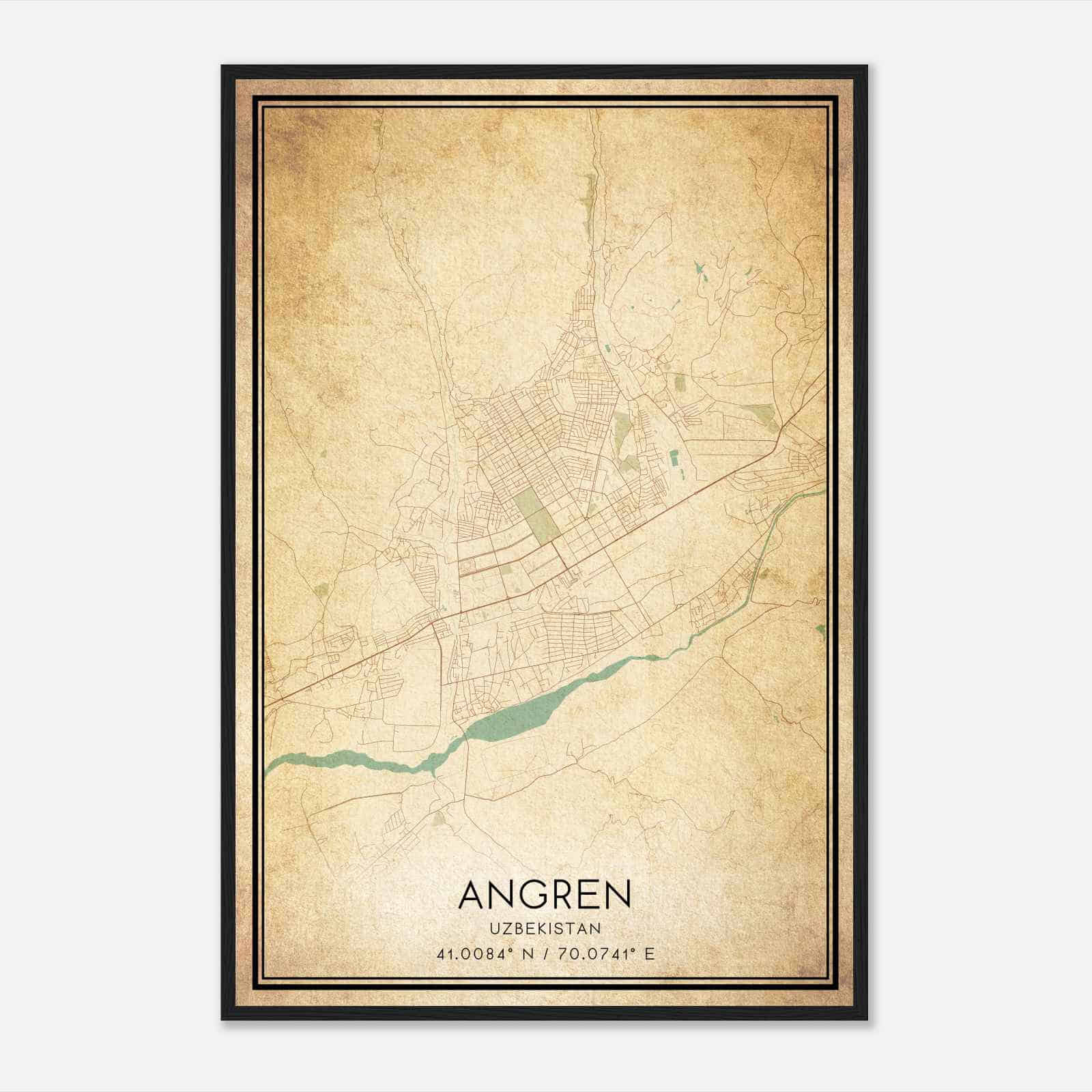 Vintage Angren Uzbekistan Map Poster, Angren City Road Wall Art Print ...