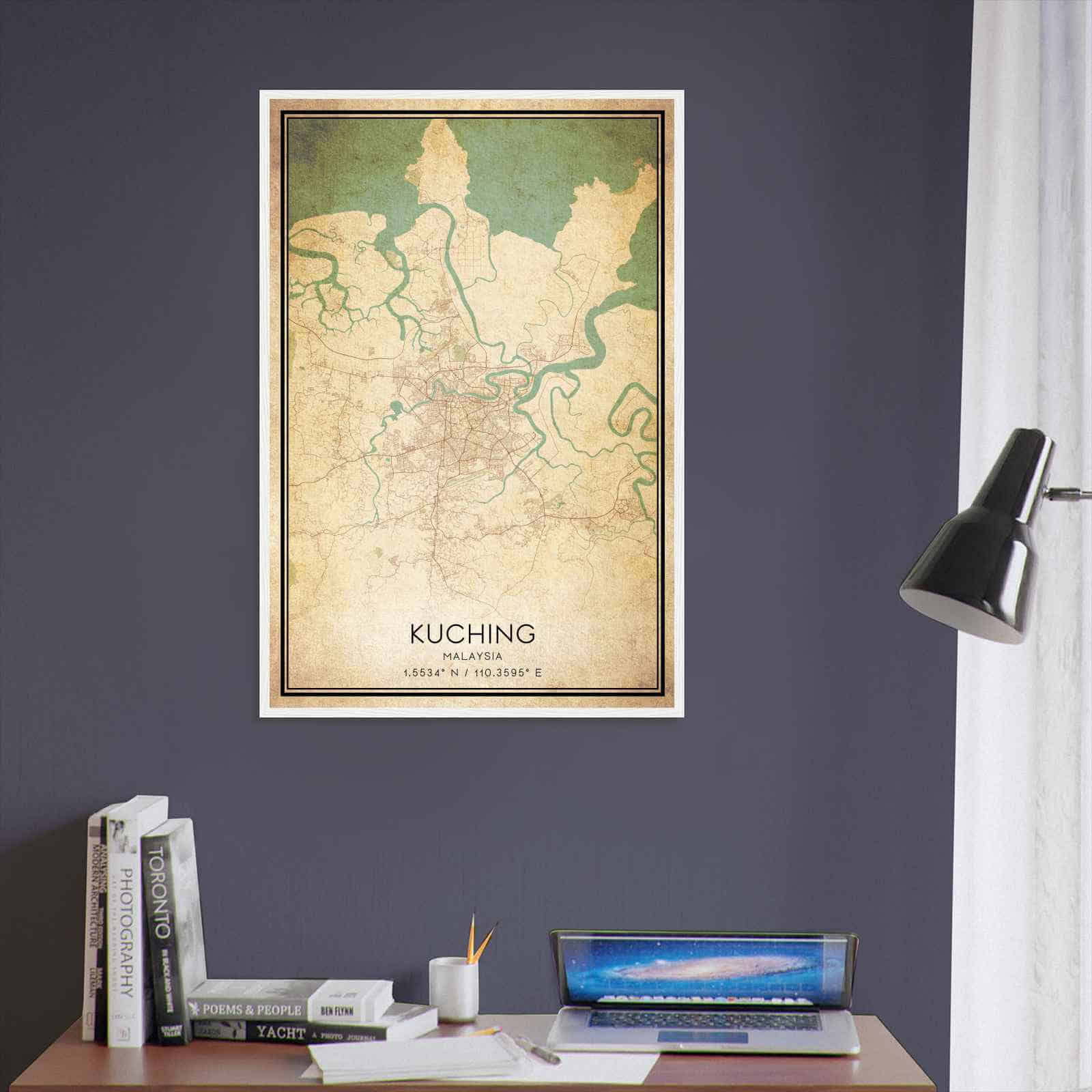 Vintage Kuching Malaysia Map Poster, Kuching City Road Wall Art Print - Custom Maps & Posters