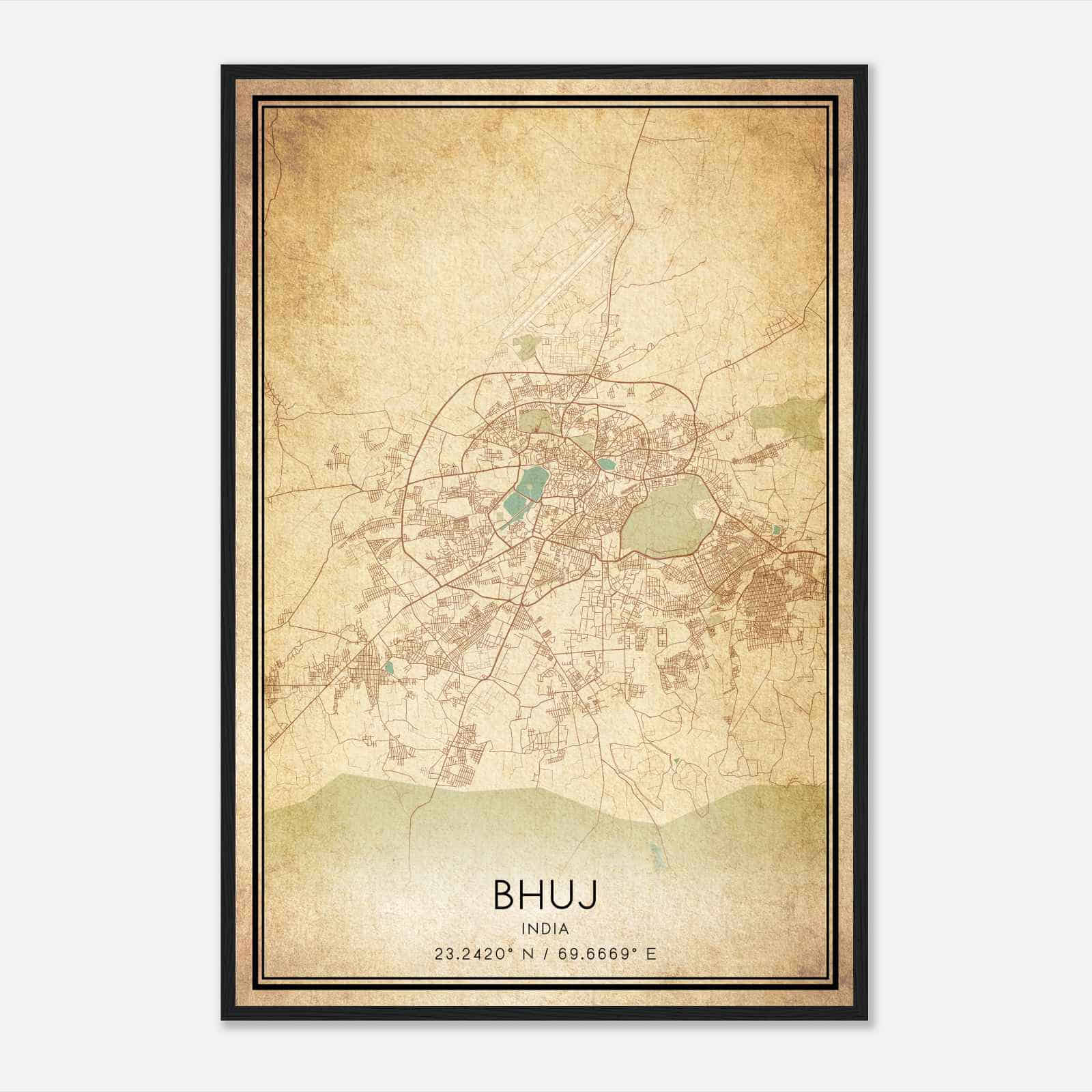 Vintage Bhuj India Map Poster, Bhuj City Road Wall Art Print - Custom ...