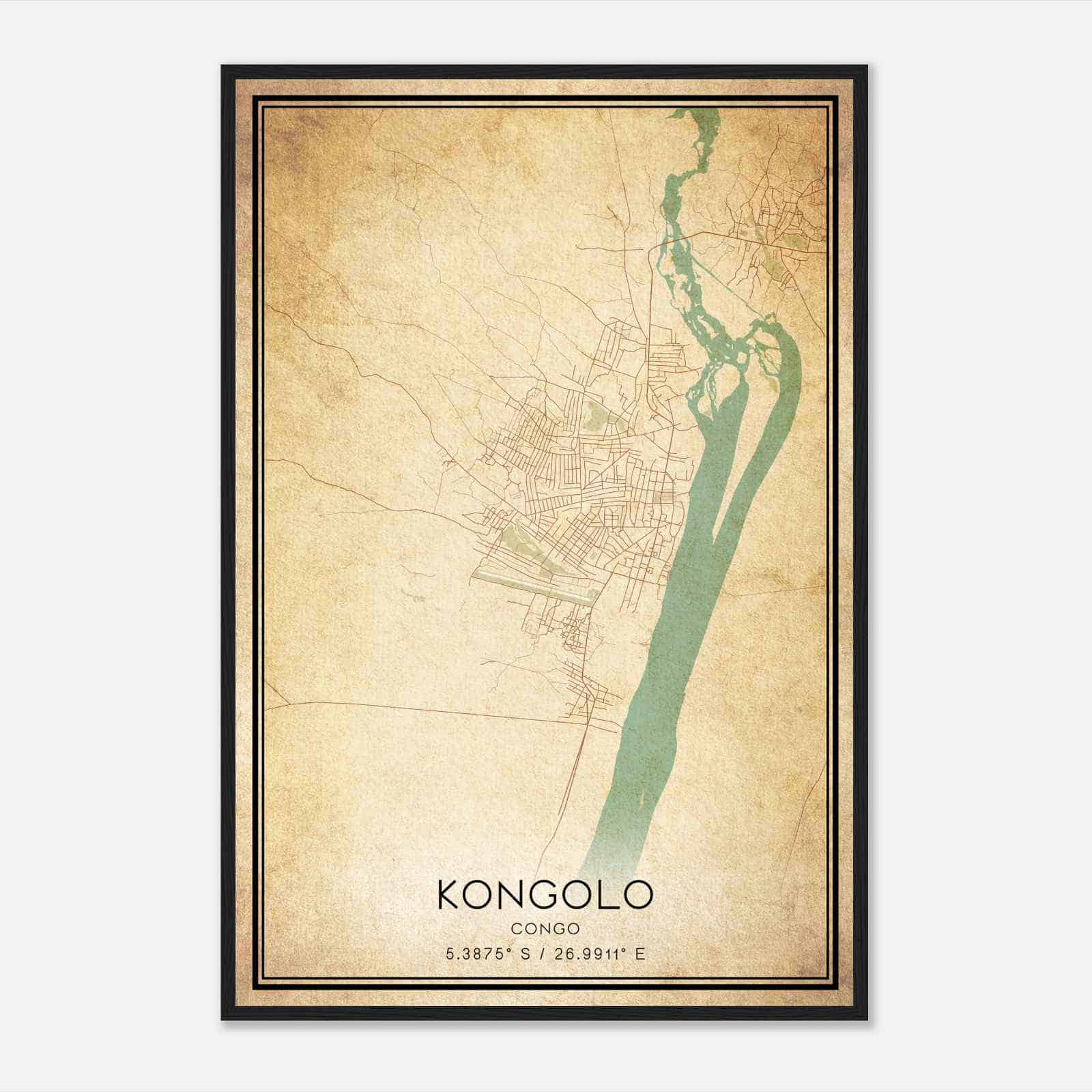 Vintage Kongolo Congo Map Poster, Kongolo City Road Wall Art Print ...