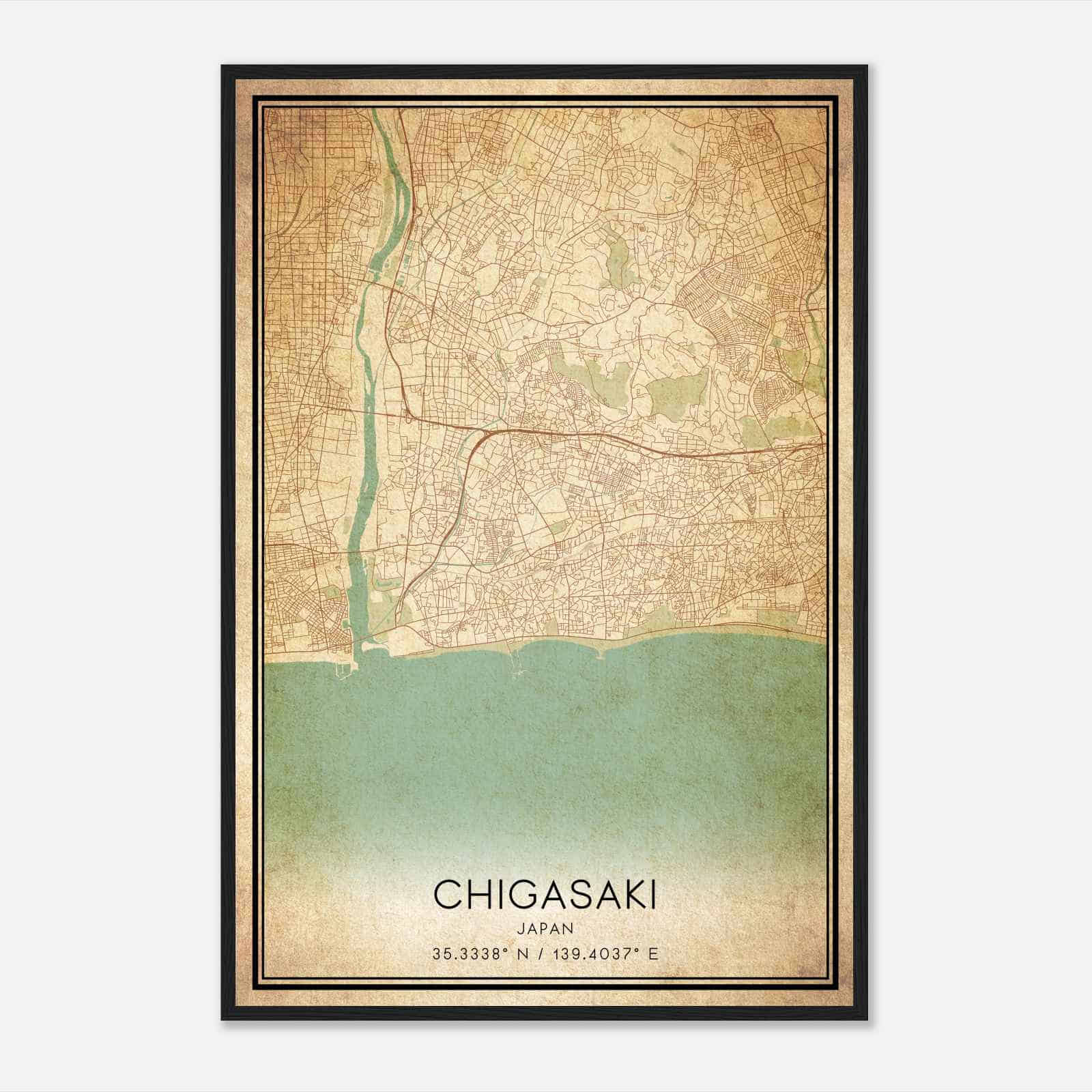 Vintage Chigasaki Japan Map Poster, Chigasaki City Road Wall Art Print ...