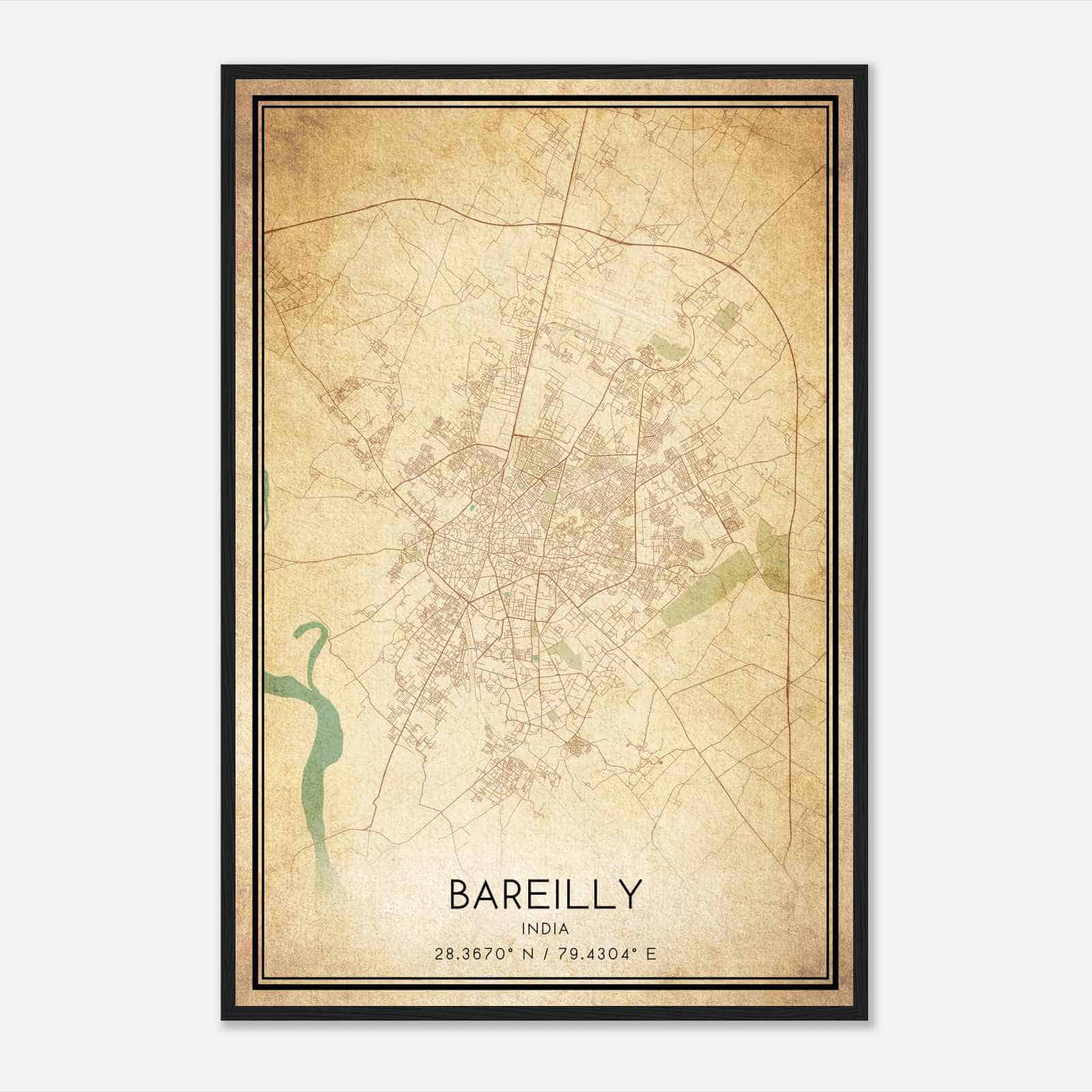 Vintage Bareilly India Map Poster, Bareilly City Road Wall Art Print ...