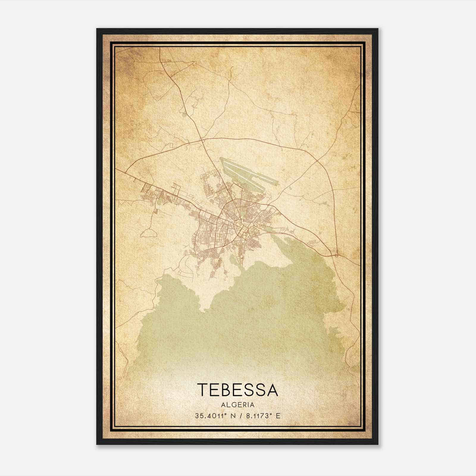 Vintage Tebessa Algeria Map Poster, Tebessa City Road Wall Art Print ...