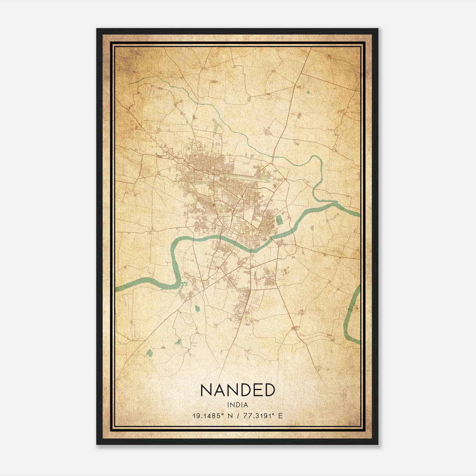 Vintage Nanded India Map Poster, Nanded City Road Wall Art Print - Custom Maps & Posters