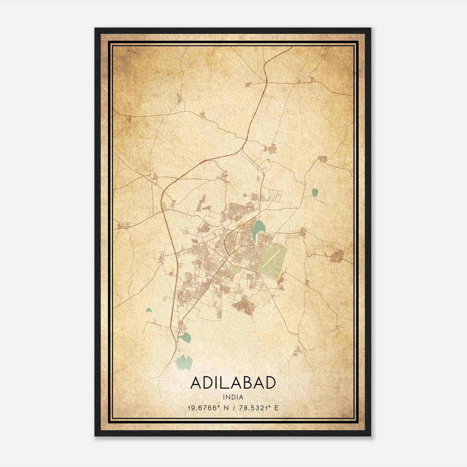 Vintage Adilabad India Map Poster, Adilabad City Road Wall Art Print ...