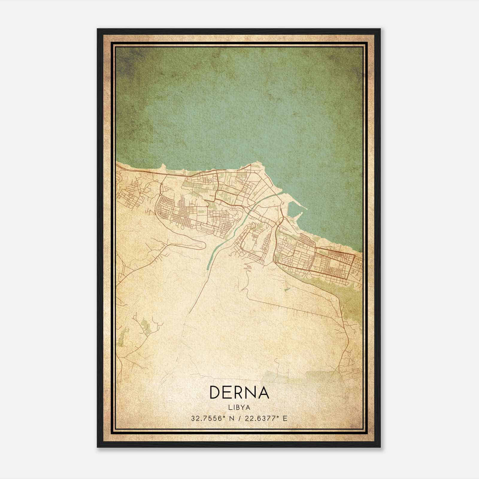 Vintage Derna Libya Map Poster, Derna City Road Wall Art Print - Custom ...