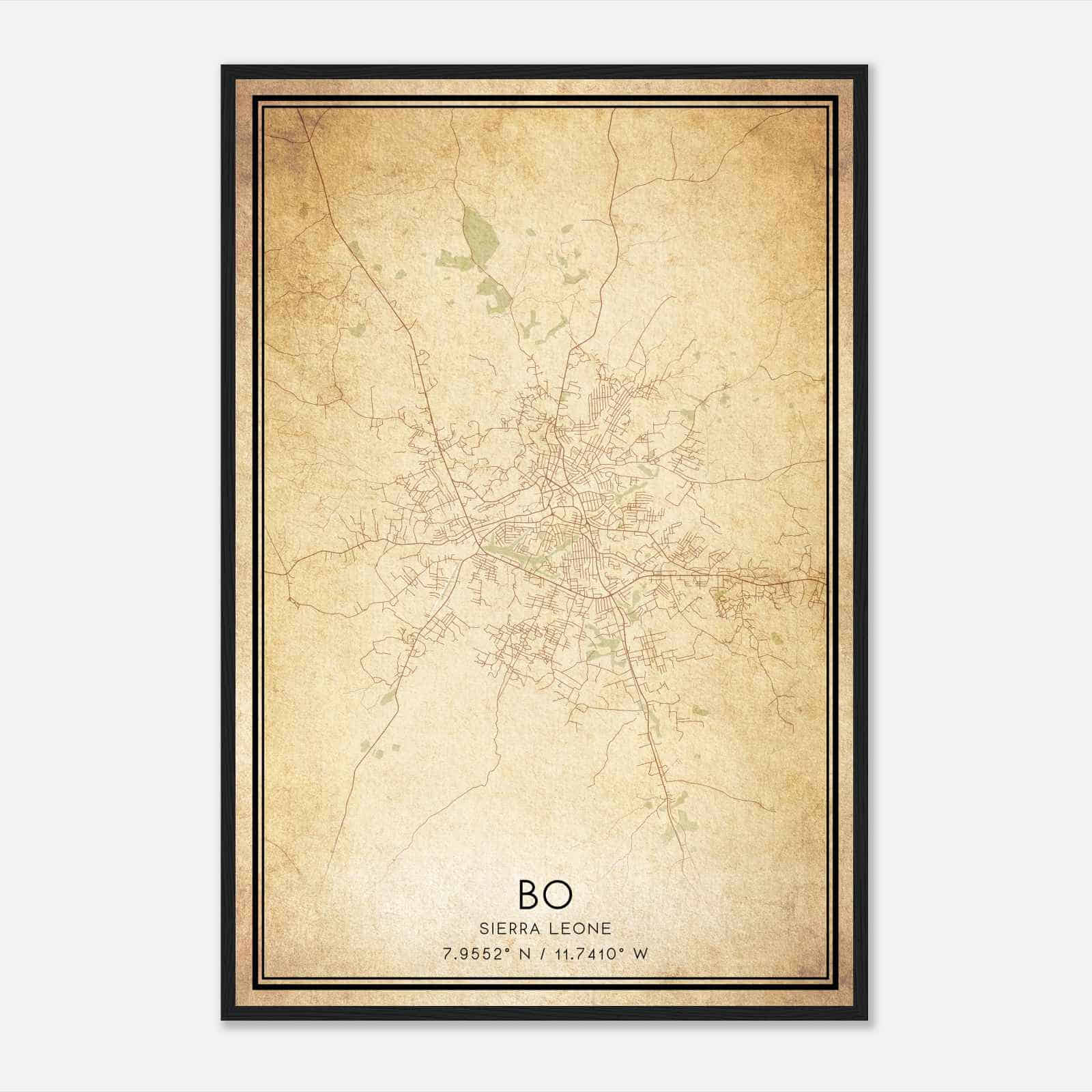 Vintage Bo Sierra Leone Map Poster, Bo City Road Wall Art Print ...