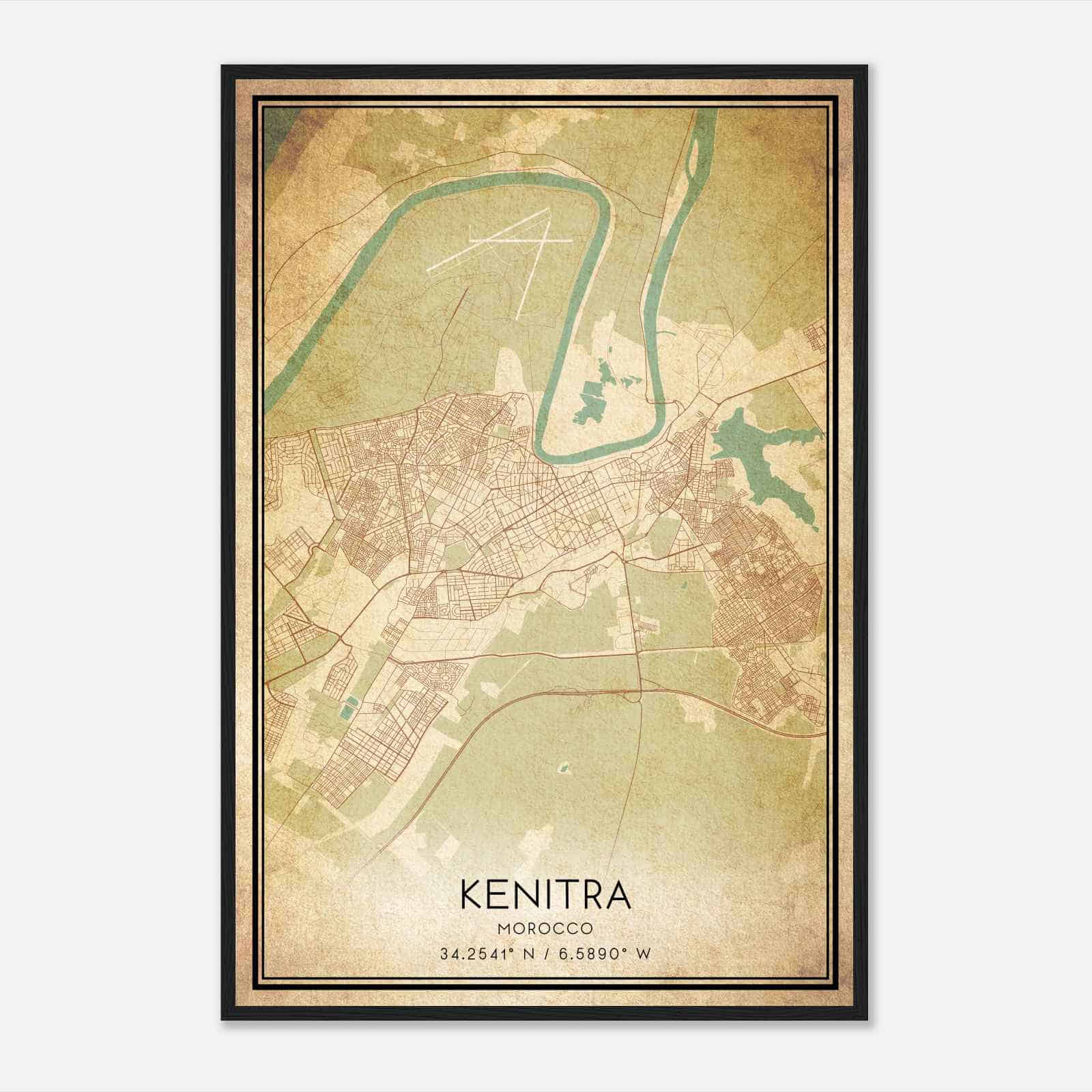 Vintage Kenitra Morocco Map Poster, Kenitra City Road Wall Art Print - Custom Maps & Posters
