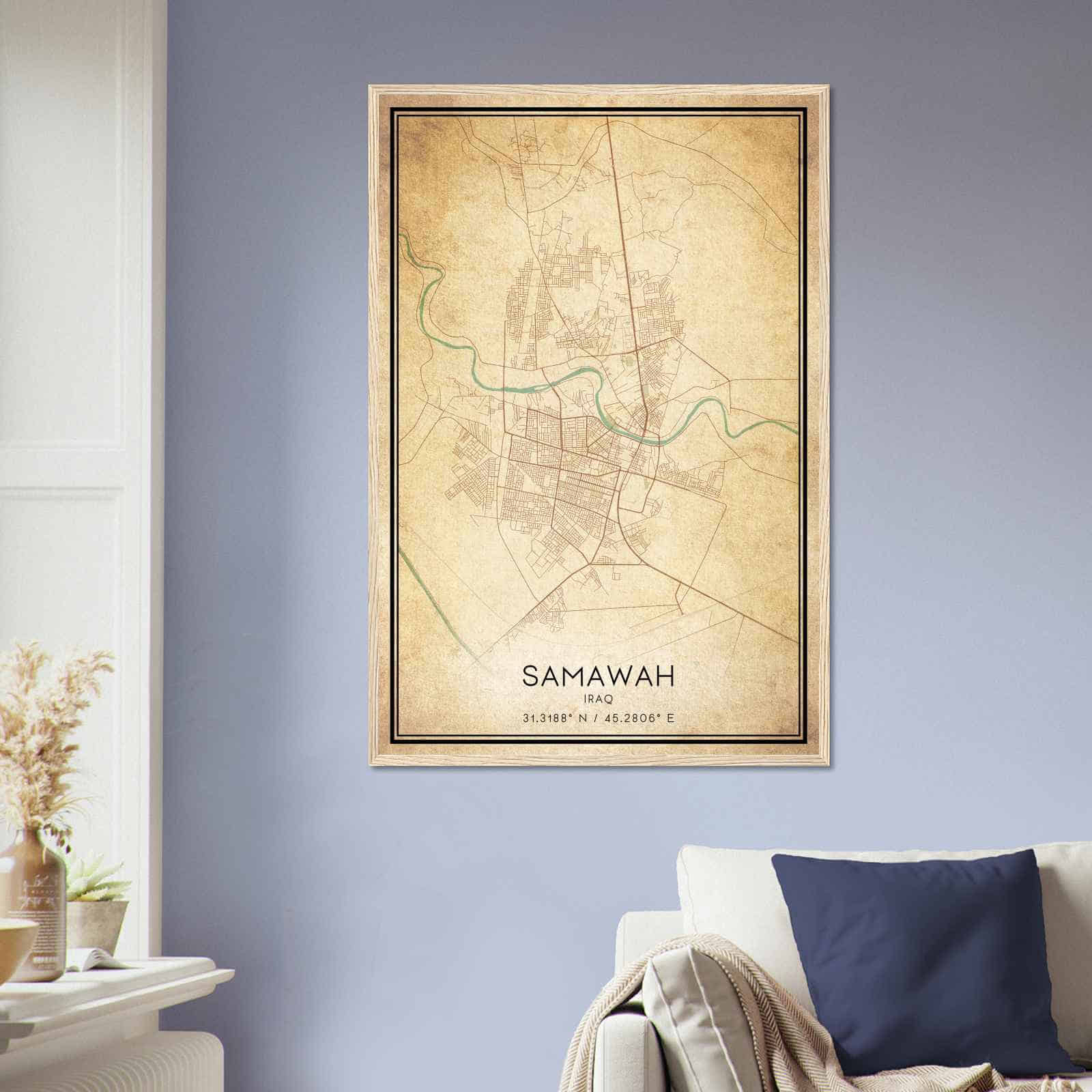 Vintage Samawah Iraq Map Poster, Samawah City Road Wall Art Print ...