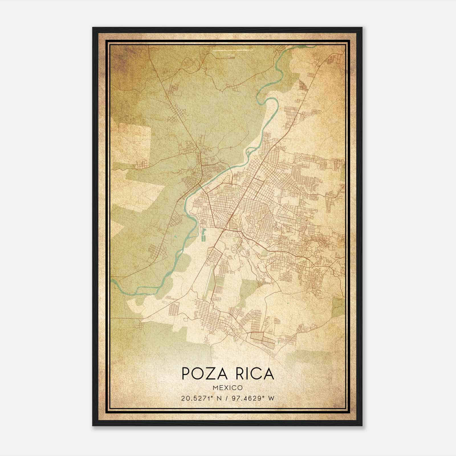 Vintage Poza Rica Mexico Map Poster, Poza Rica City Road Wall Art Print ...