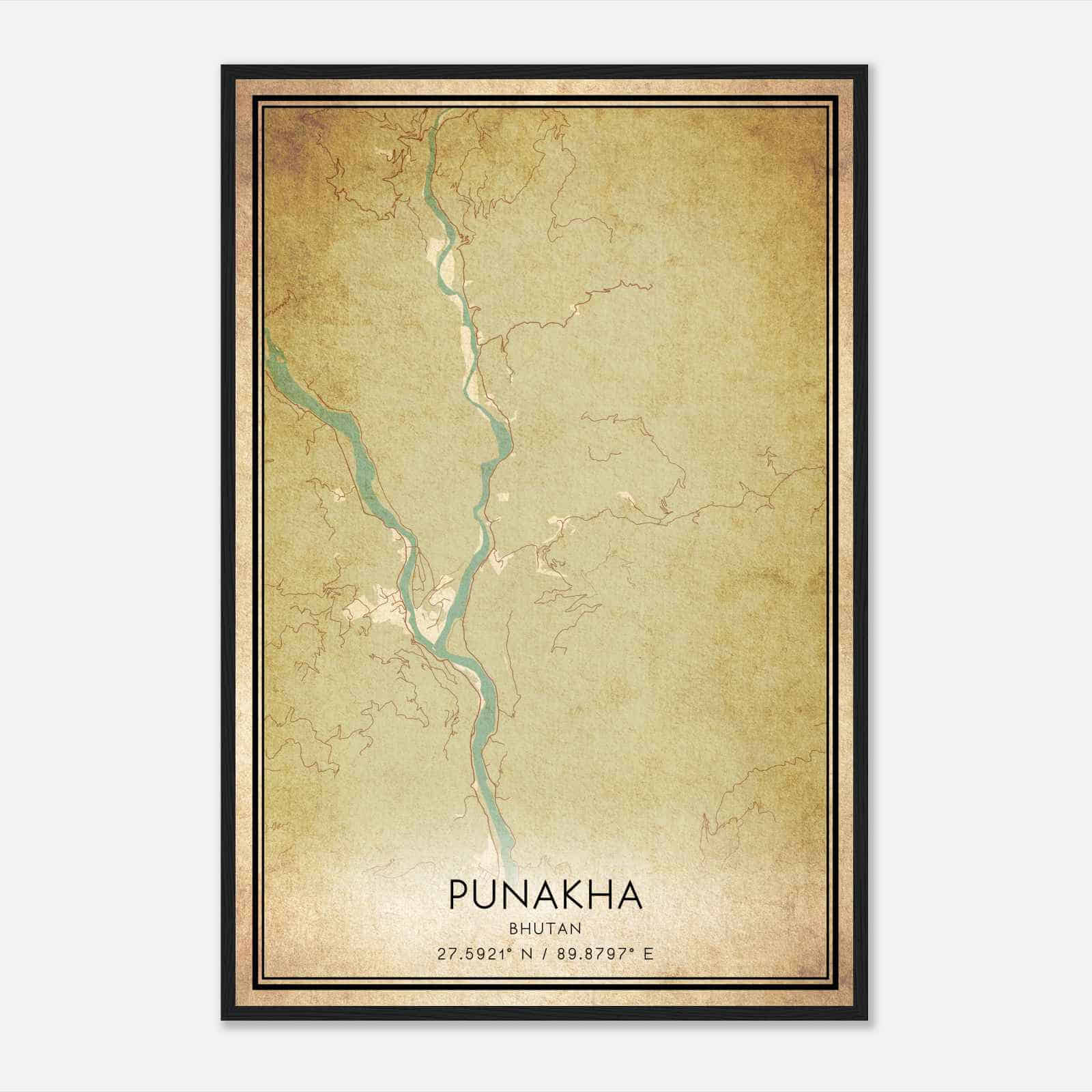 Vintage Punakha Bhutan Map Poster, Punakha City Road Wall Art Print ...