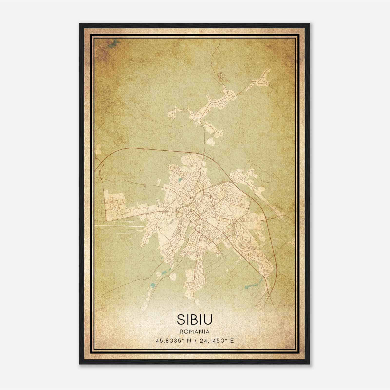 Vintage Sibiu Romania Map Poster, Sibiu City Road Wall Art Print - Custom Maps & Posters